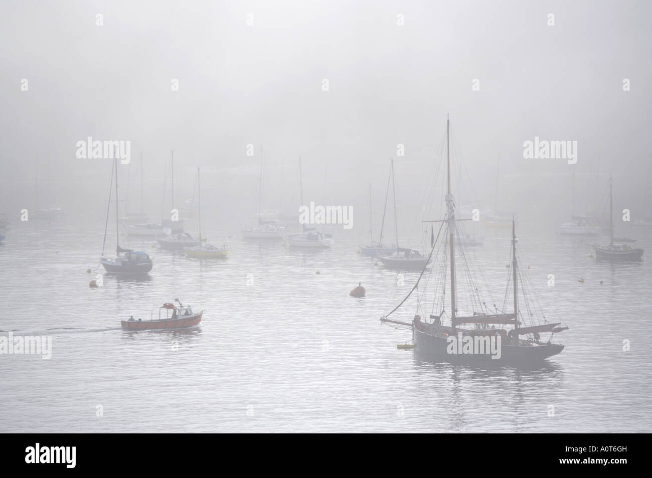 Misty morning on Fowey harbor looking towards Polruan, Cornwall ...