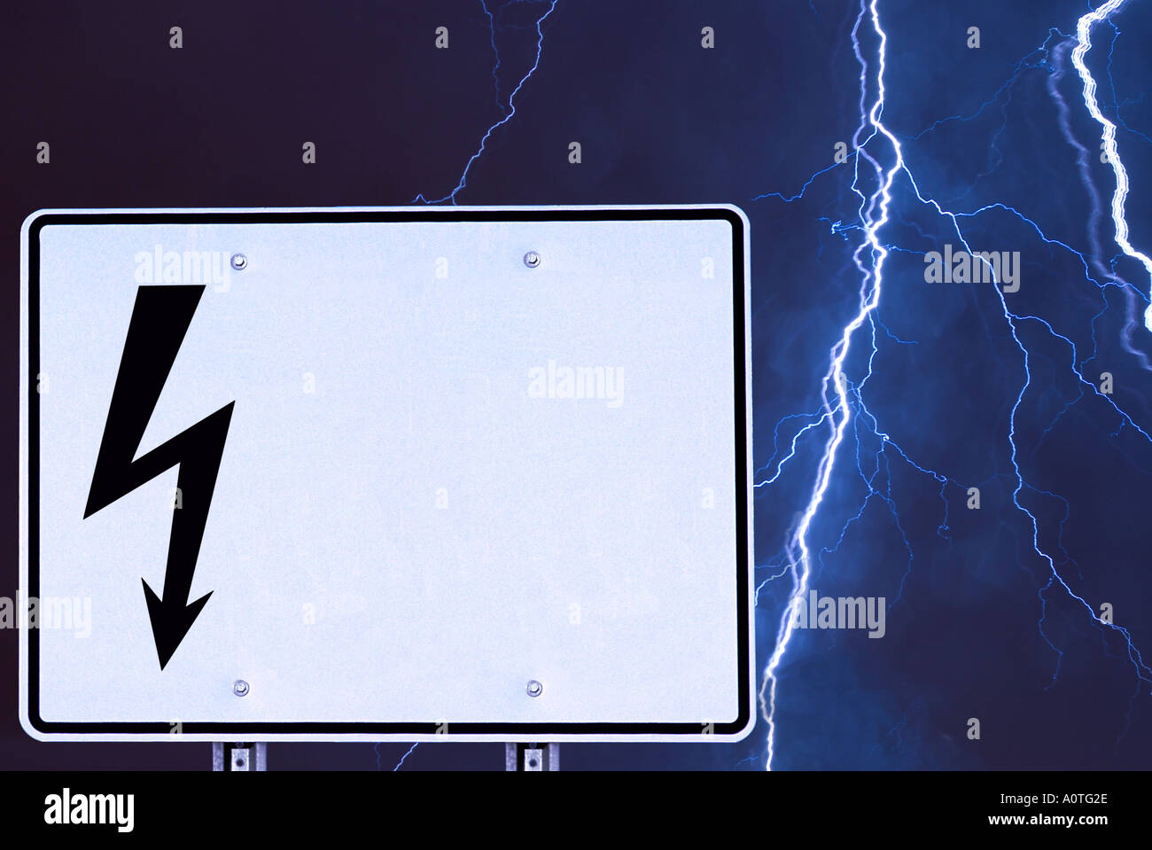 Blank sign with lightning bolt electricity symbol in front of lightning ...