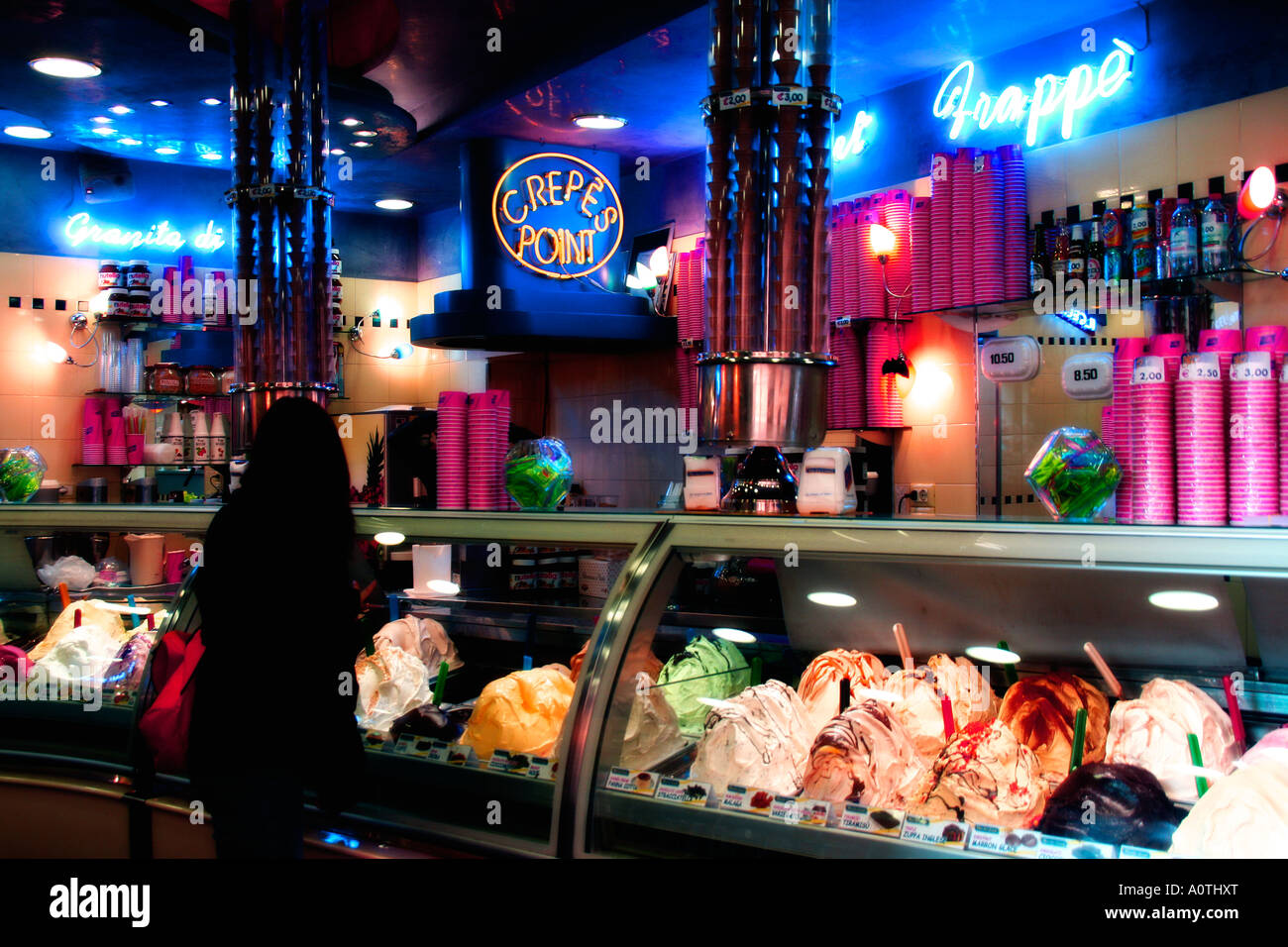 The interior of a neon lit Ice Cream Parlour in Rome Italy Stock Photo ...