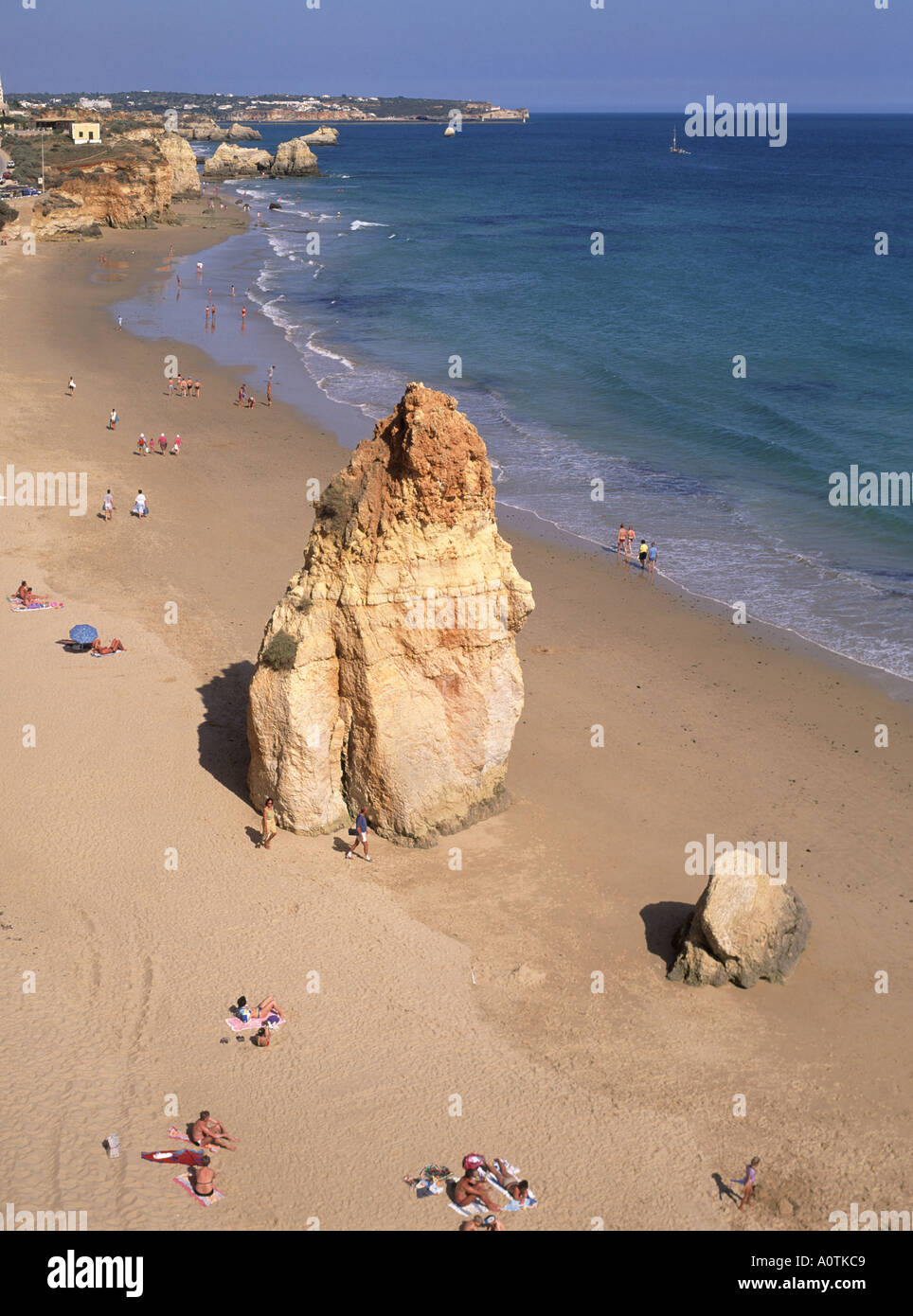 Algarve Praia Do Vau looking down on broad clean sandy beach with large ...
