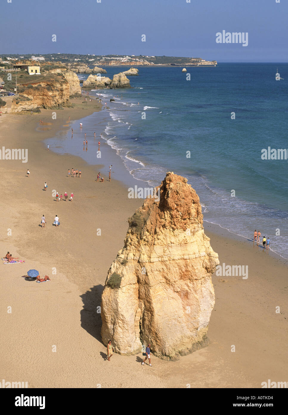 Algarve Praia Do Vau looking down on broad clean sandy beach with large ...