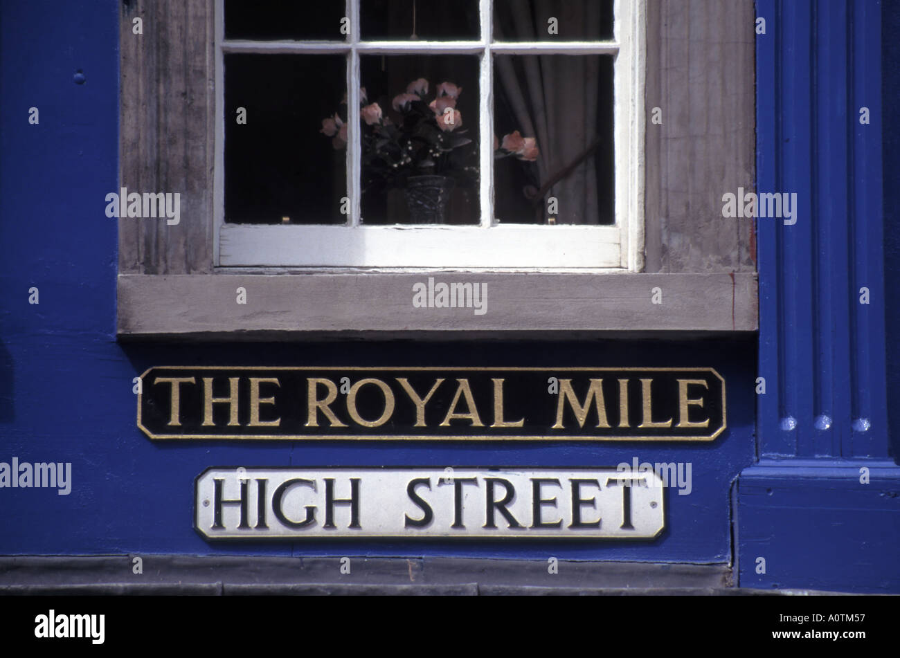 City of Edinburgh Old Town close up of street signs for The High Street ...