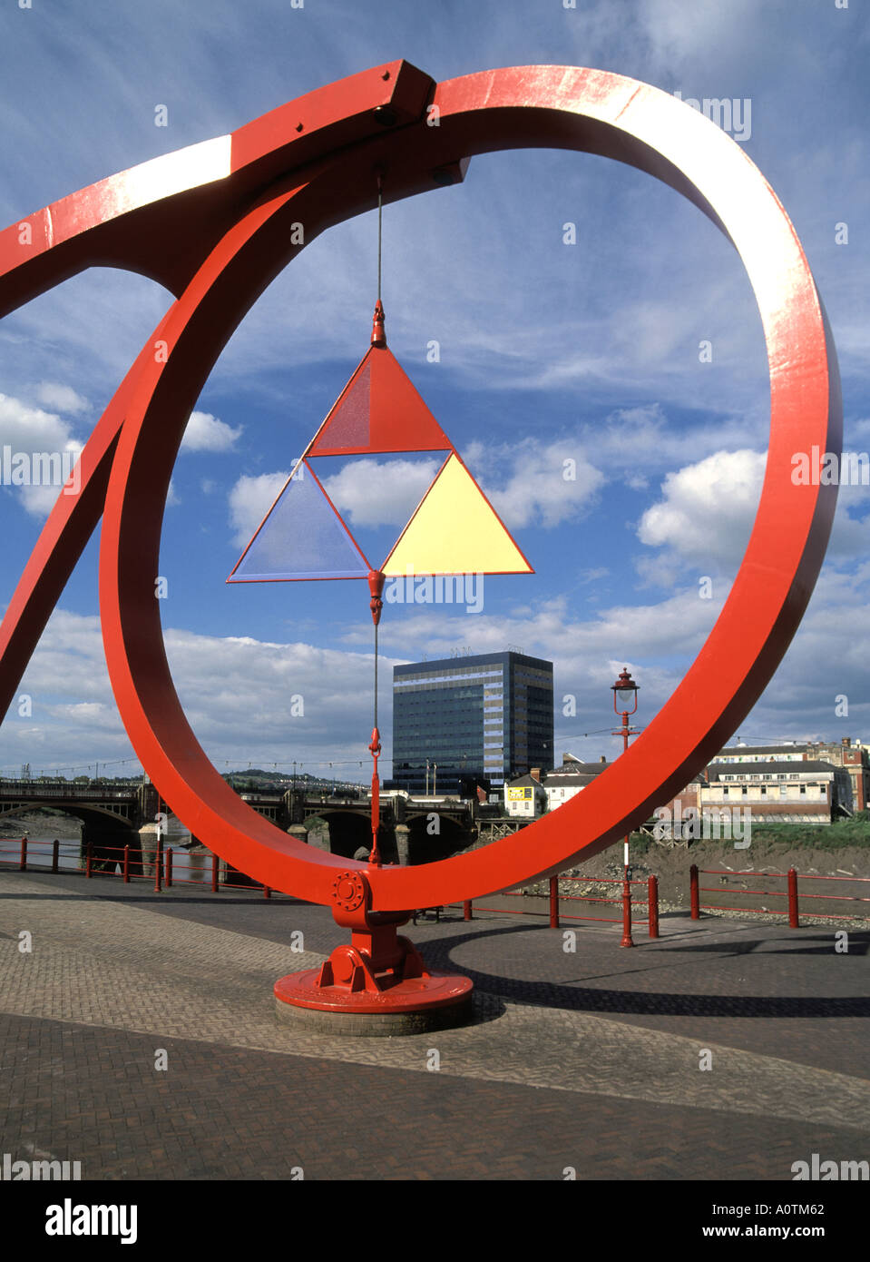 Newport modern Wave sculpture by Peter Fink beside River Usk framing ...