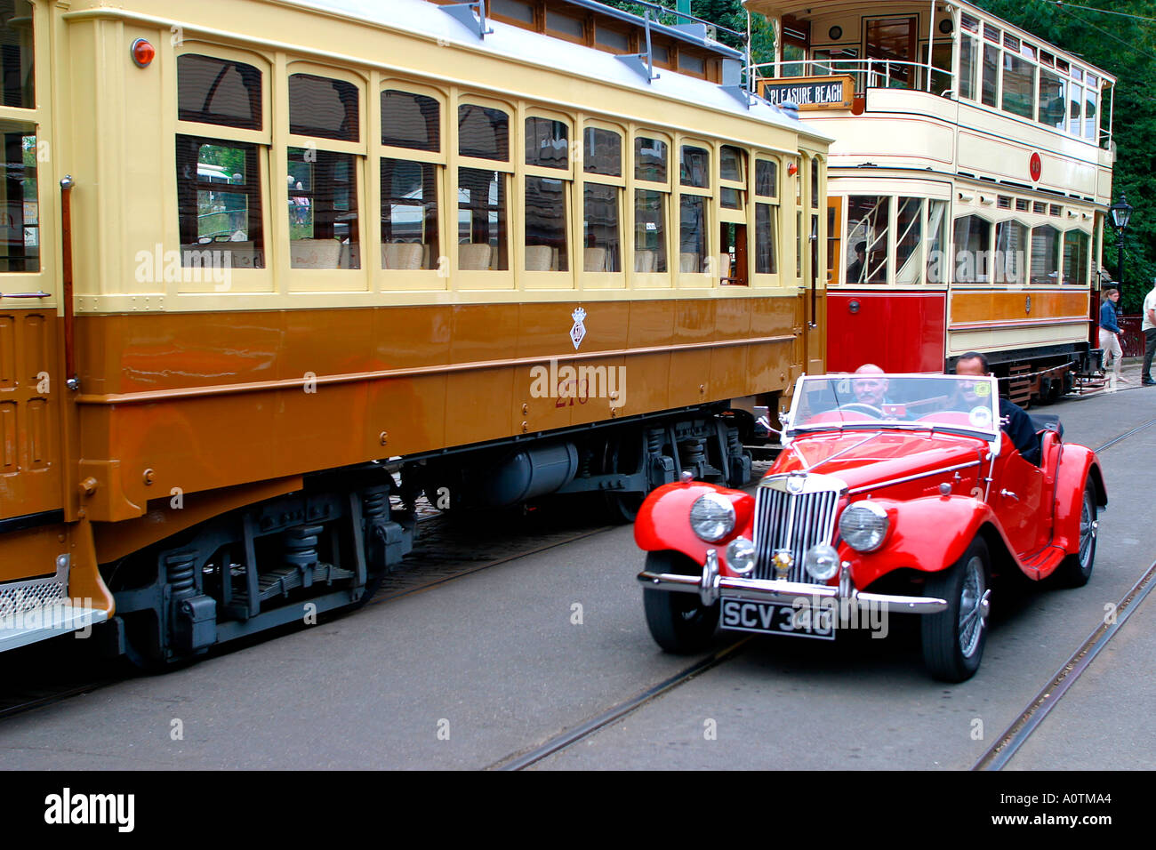 VINTAGE TRAM AND CAR NATIONAL TRAMWAY MUSEUM CRICH ENGLAND Stock Photo ...