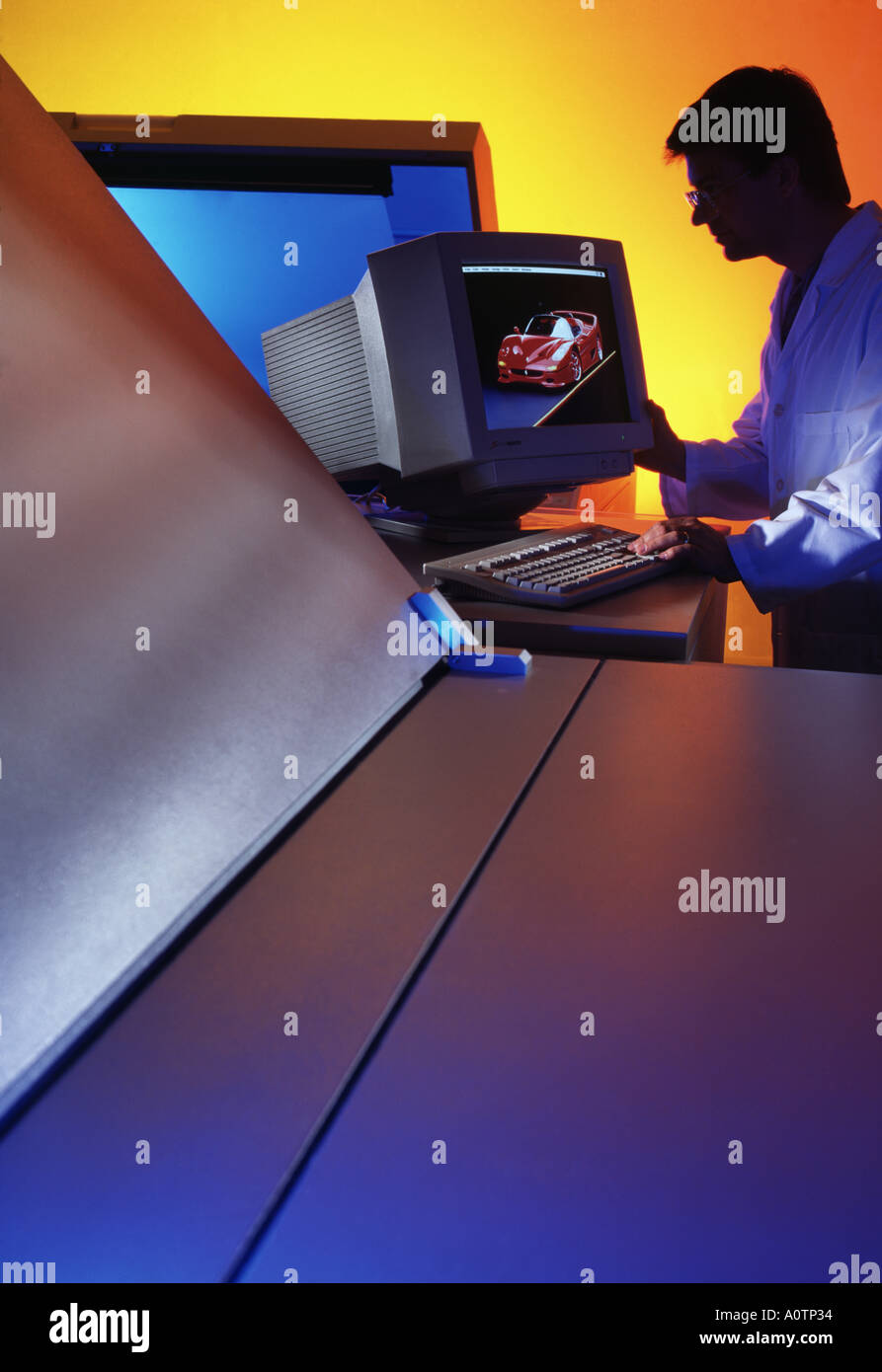 pre pressman checking film scan using specialized software on crt Stock ...