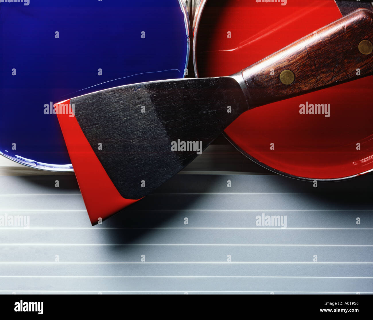 Still life of processed read and process blue printing ink along with a ...