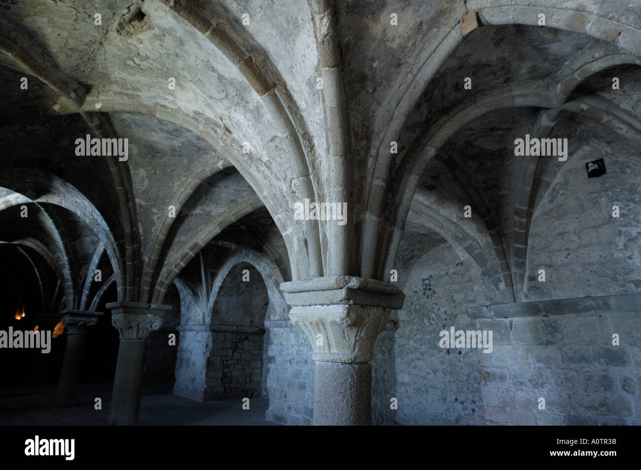 Columns and rib vaults inside the abbey at Mont Saint-Michel, a ...