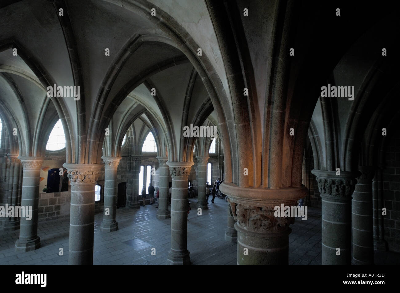 Columns and rib vaults inside the abbey at Mont Saint-Michel, a ...