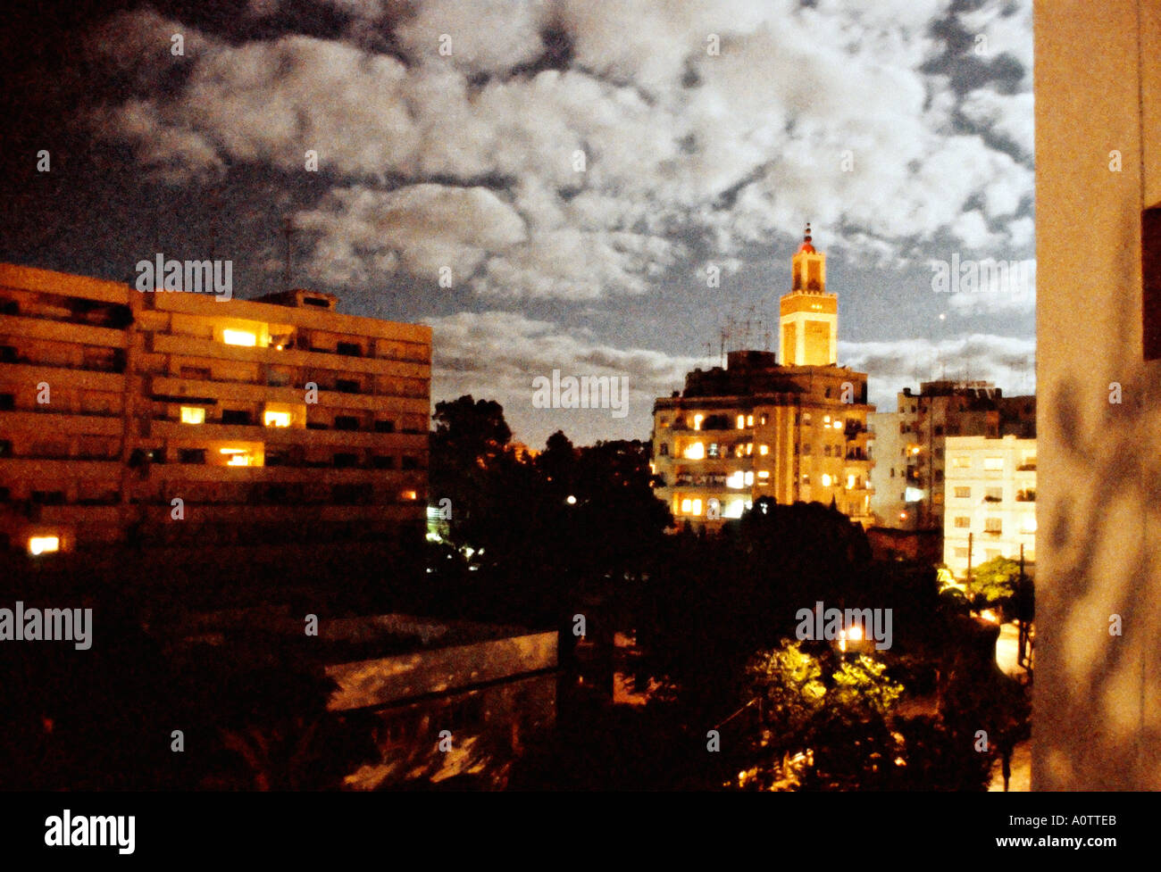 AFRICA MOROCCO TANGIER Night scene of hotel district in Tangier and ...