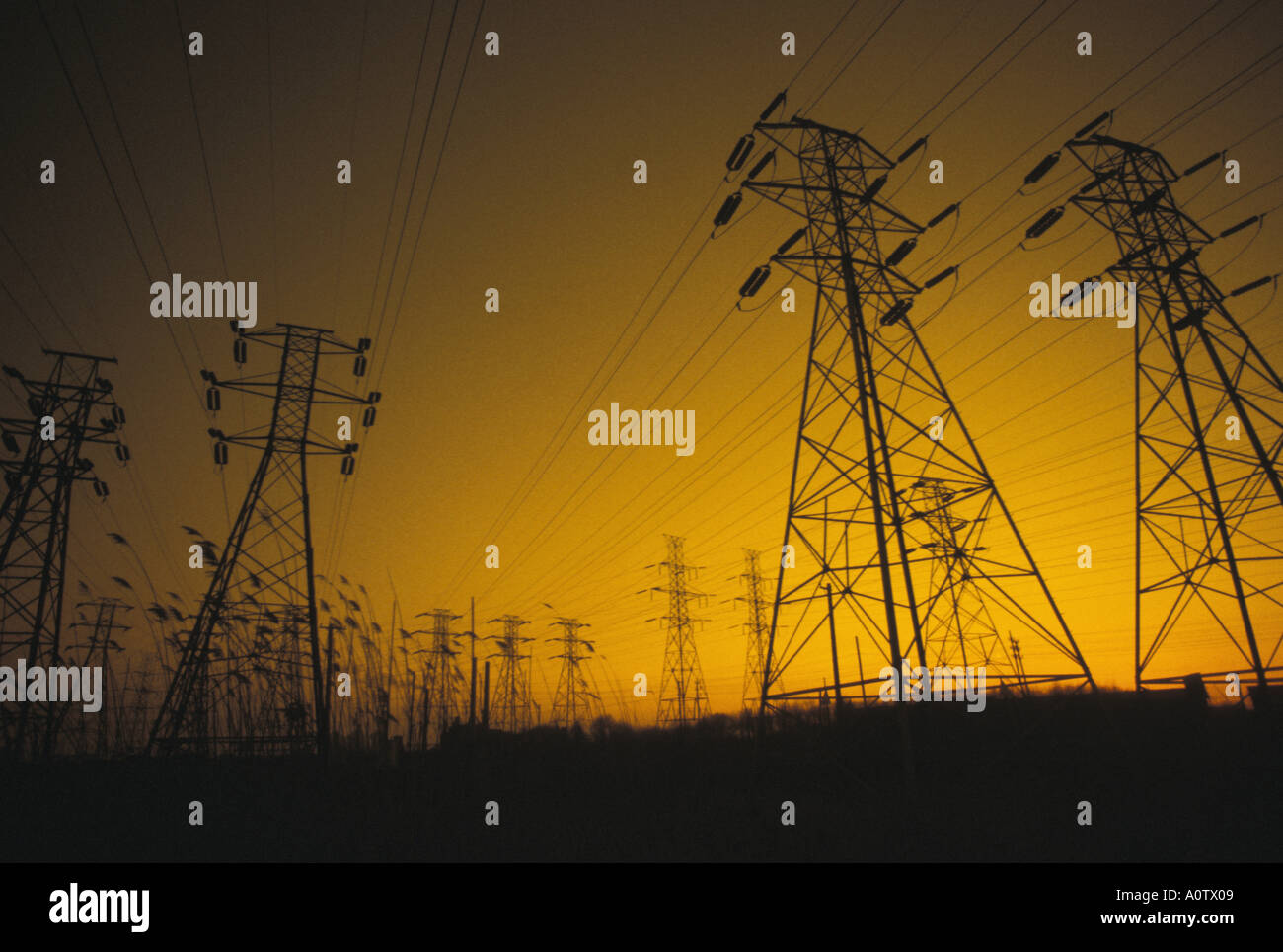 power grid showing high tension electric power transmission cables and ...