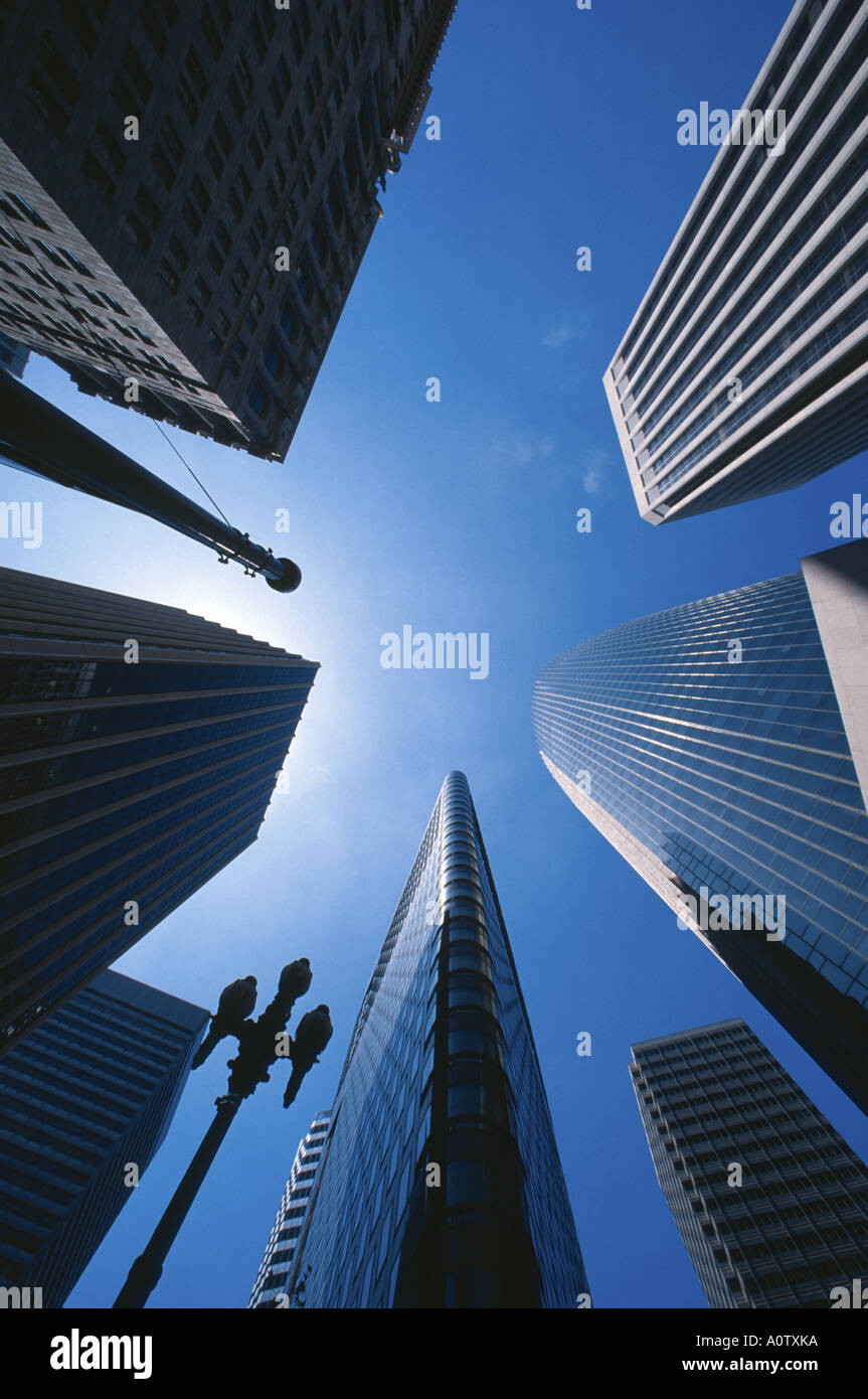 Wide angle view of tall buildings in financial district, San Francisco ...