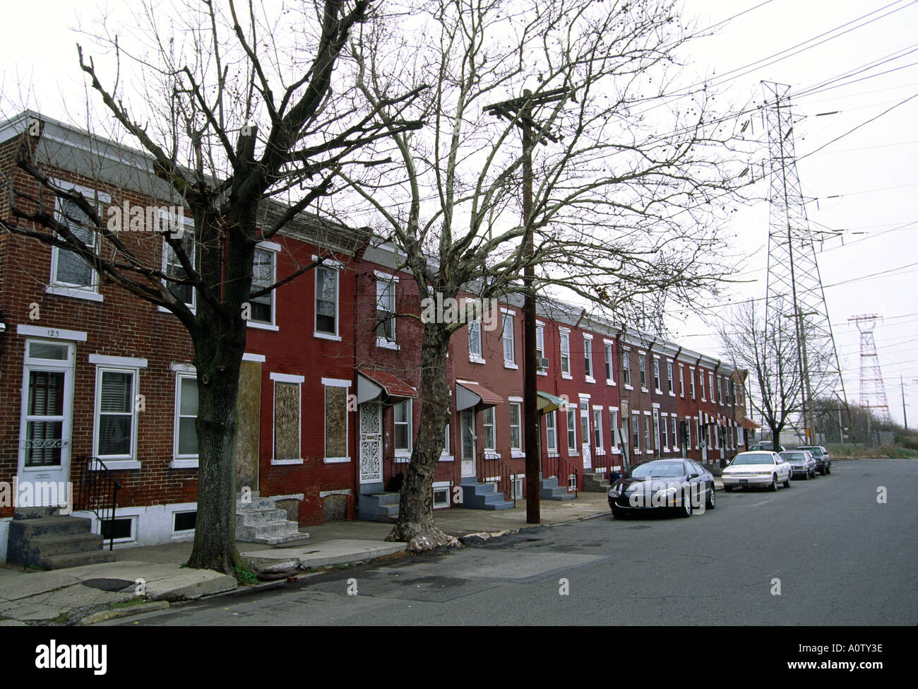 Row houses under power lines on a city street in Delaware Stock Photo ...