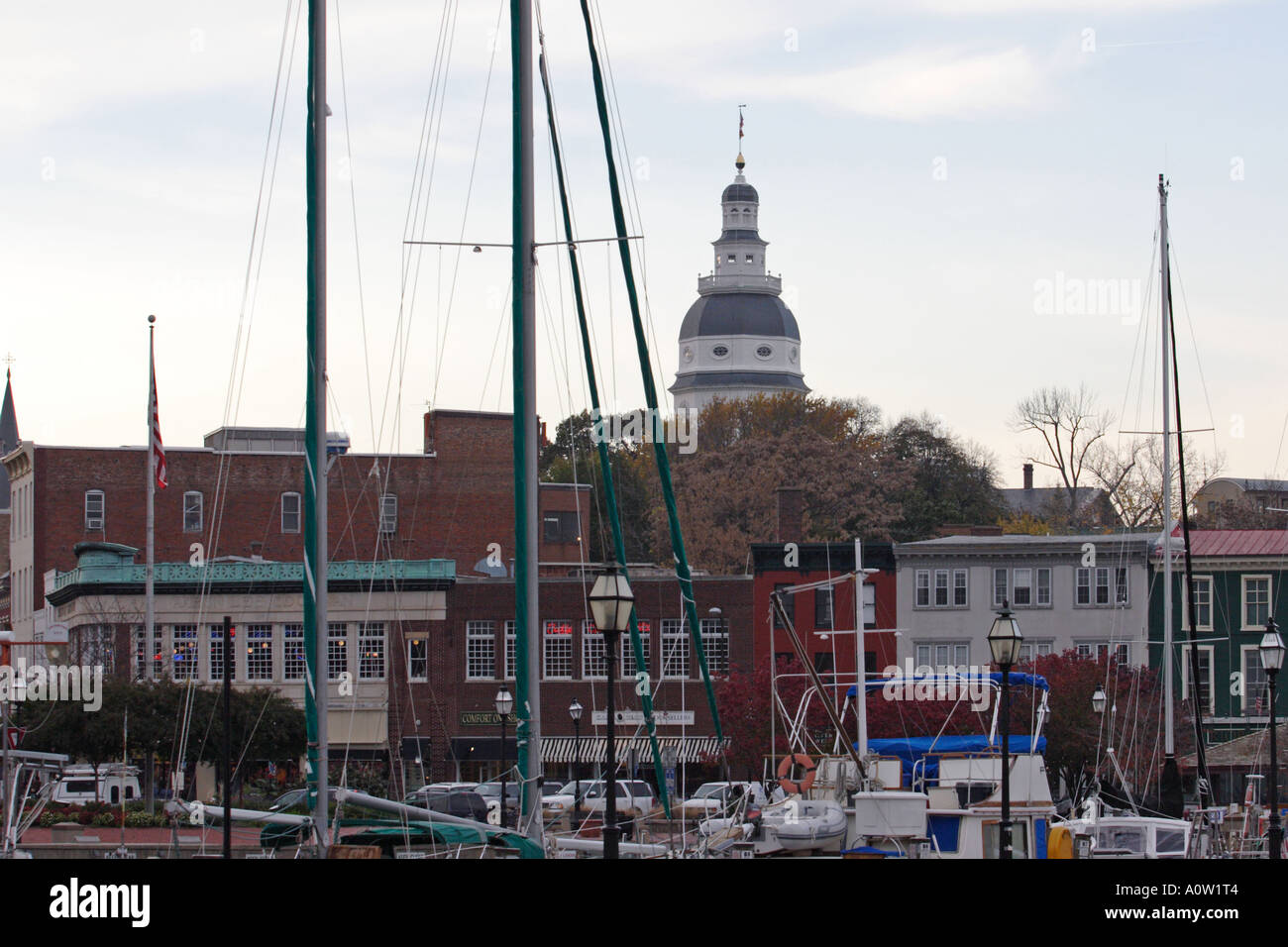 Downtown Annapolis, ship masts and Capitol building in the background ...