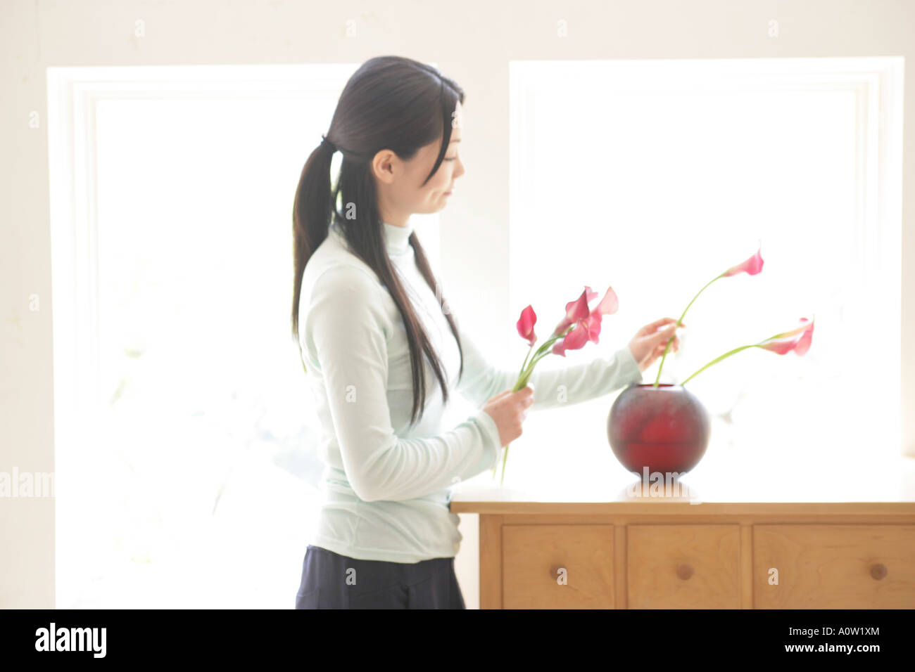 Side profile of a young woman putting flowers in a vase Stock Photo - Alamy