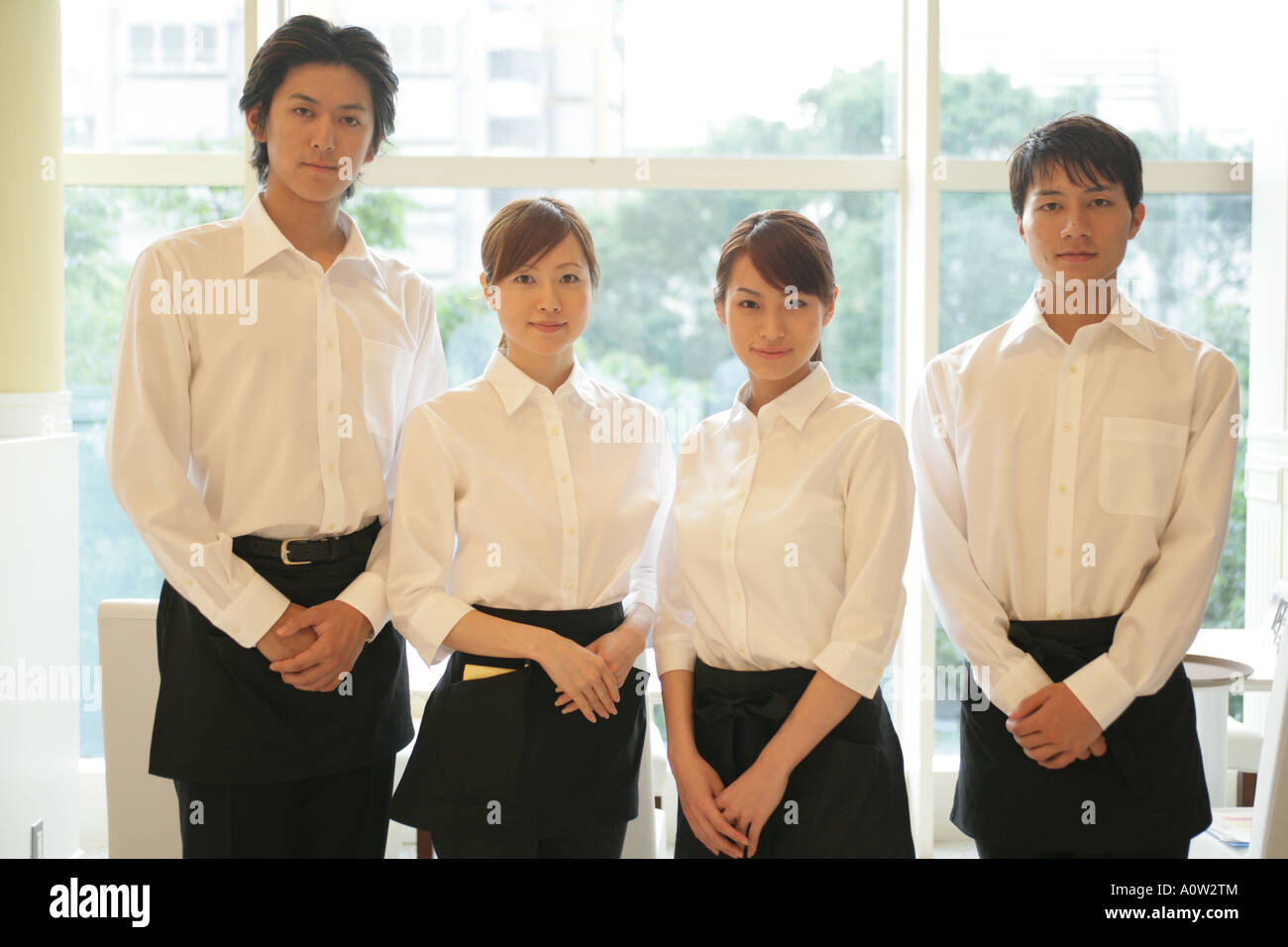 Portrait of two waiters and two waitresses standing in a restaurant ...
