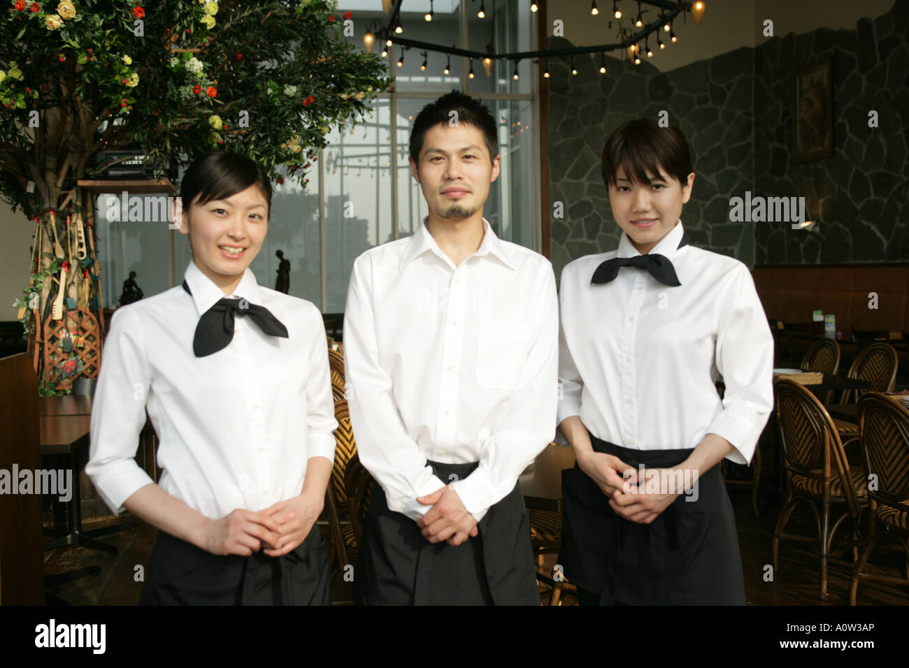 Portrait of a waiter standing with two waitresses smiling Stock Photo ...