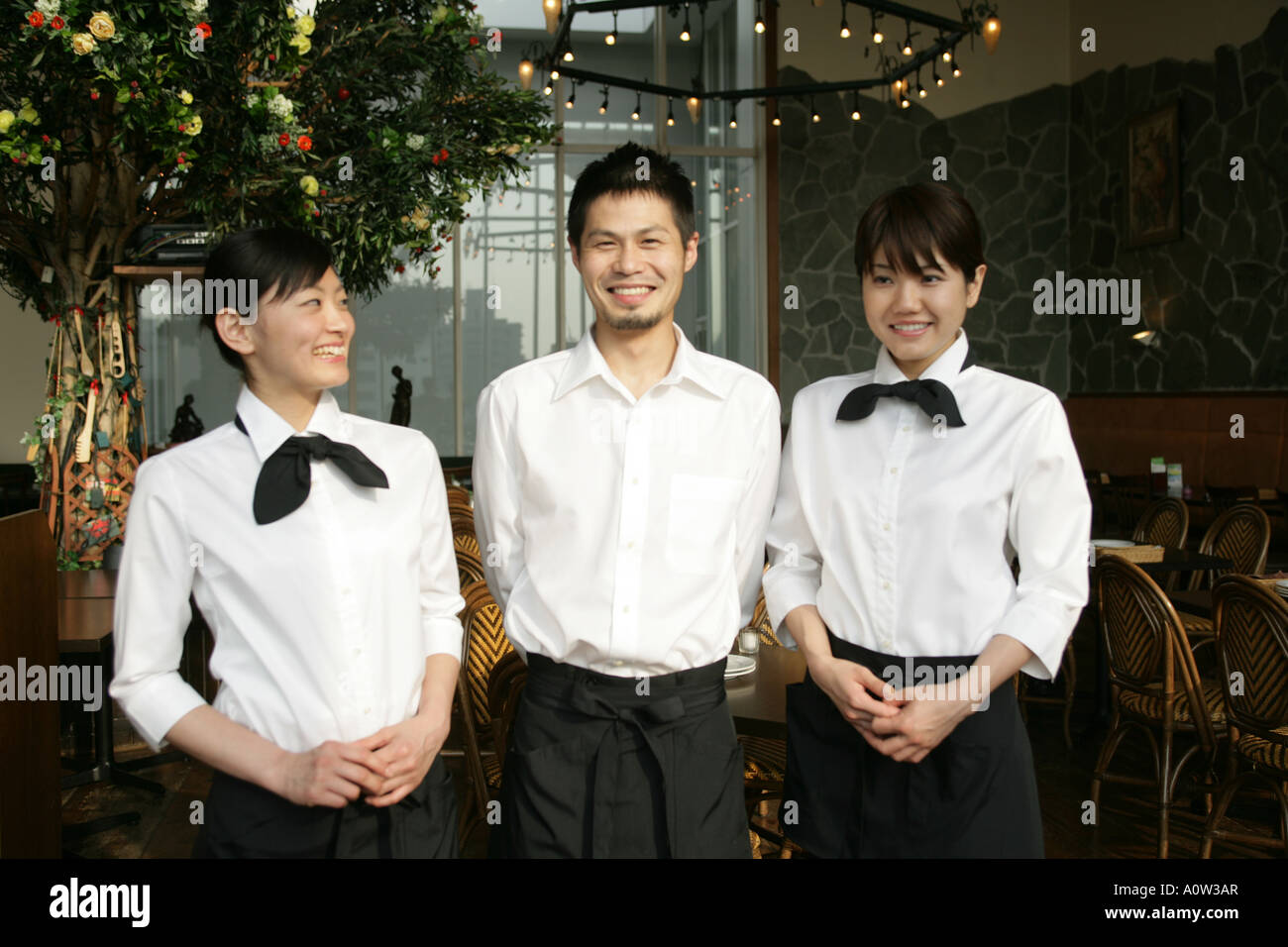 Portrait of a waiter standing with two waitresses smiling Stock Photo ...