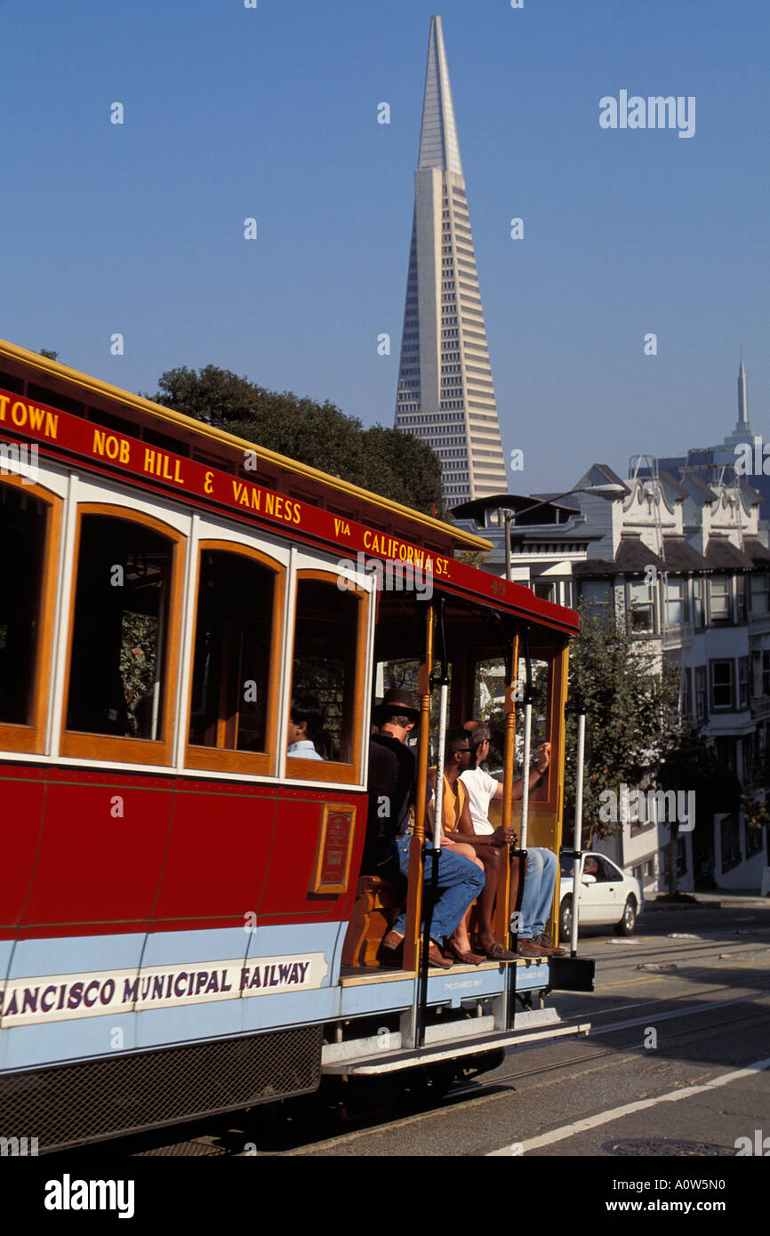 Tourists riding a cable car in San Francisco CA USA with the ...