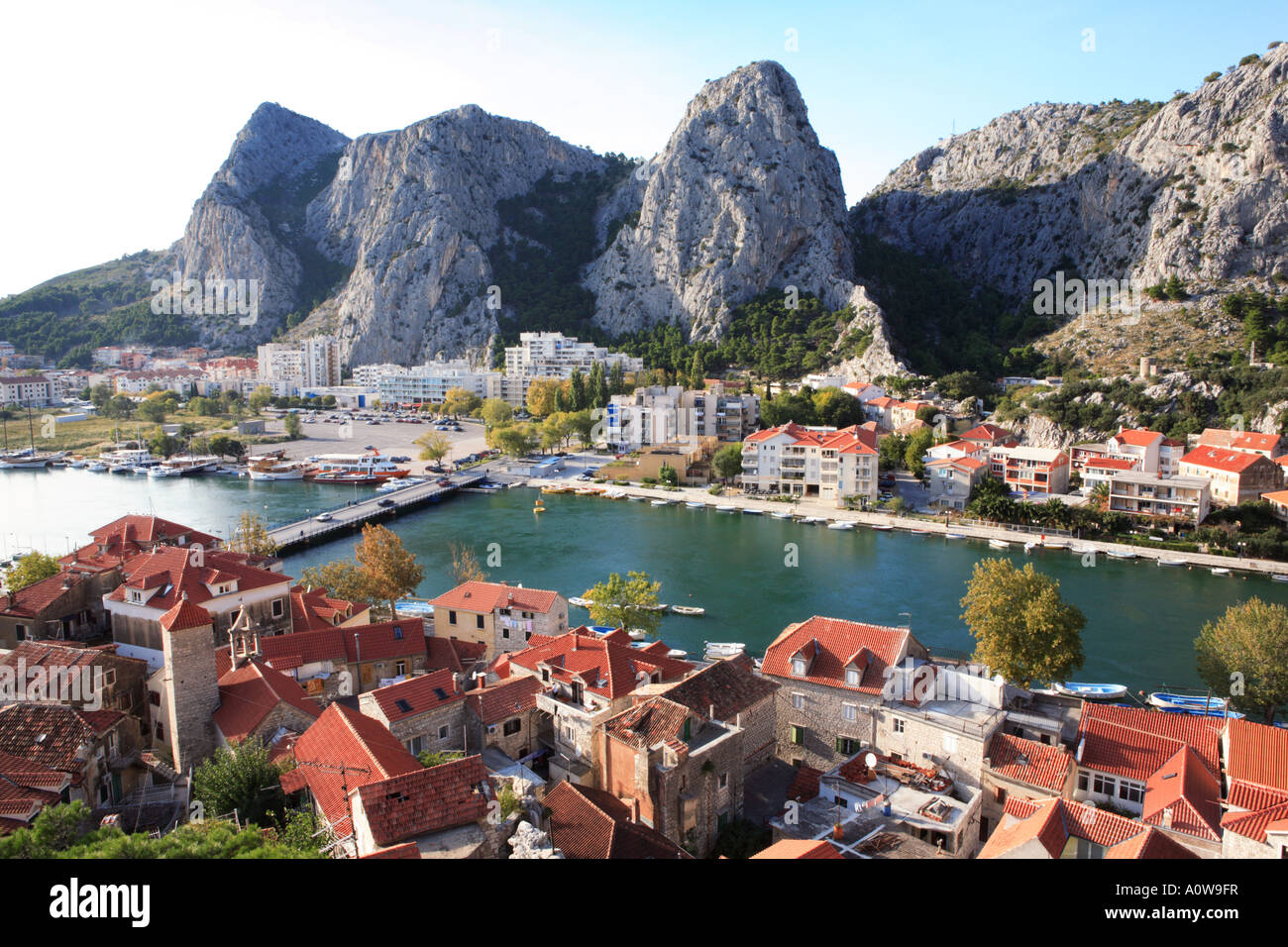 View of the Old Town, new town, and Omis bridge across the River Cetina ...