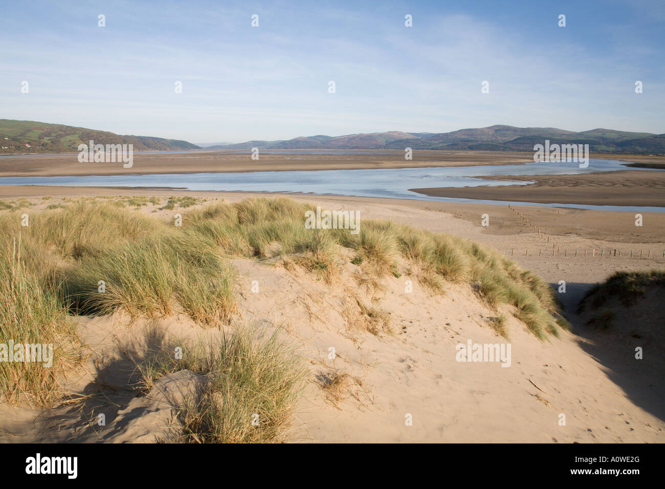 looking north over the Afon Dyfi or River Dovey estuary towards ...
