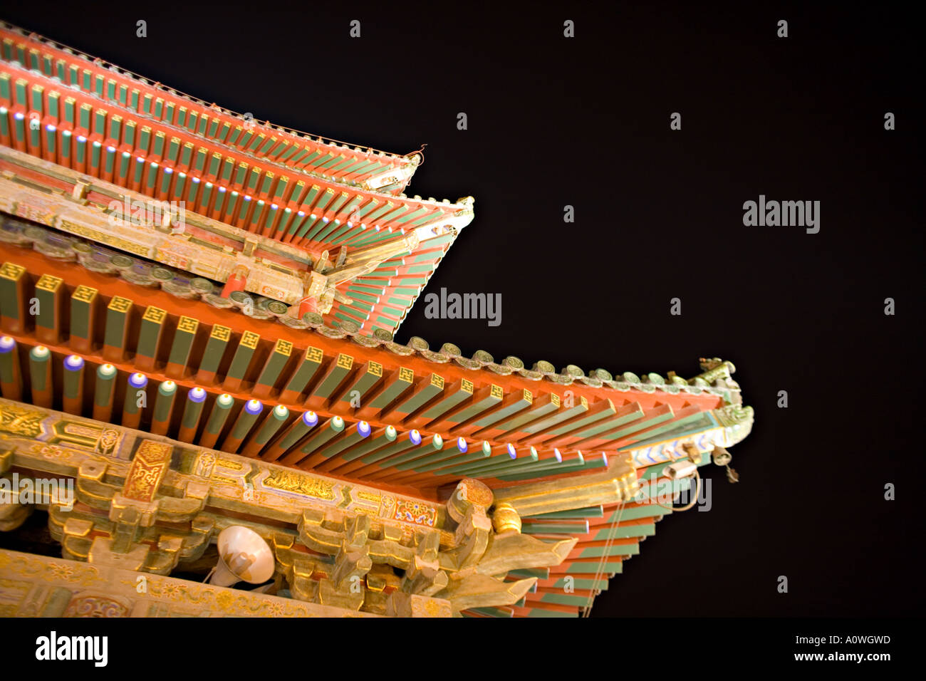 CHINA XI AN Night photograph of the roof details of the Bell Tower ...