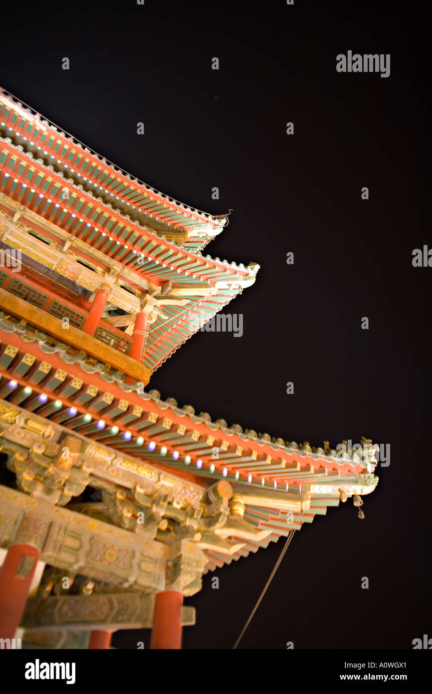 CHINA XI'AN Night photograph of the roof details of the Bell Tower ...