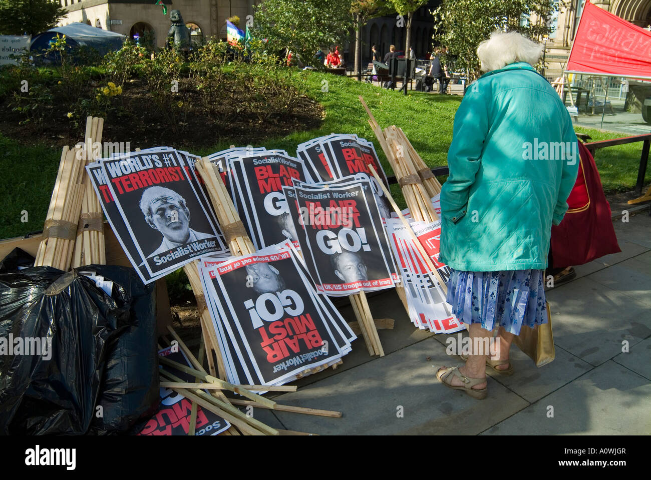 Placards ready for use at the Anti war demonstration in Manchester ...