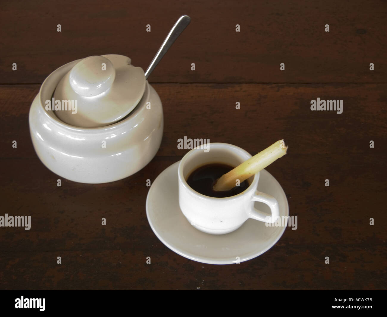 cuba cup of coffee with stick of sugar cane and sugar bowl Stock Photo ...