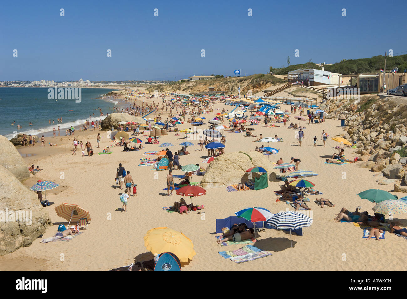 Portugal the Algarve, Galé beach in summer, showing beach restaurants ...
