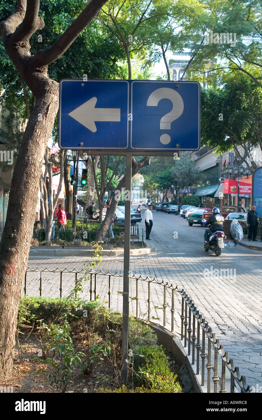 One way road sign and question mark on the streets of Mexico City Stock ...