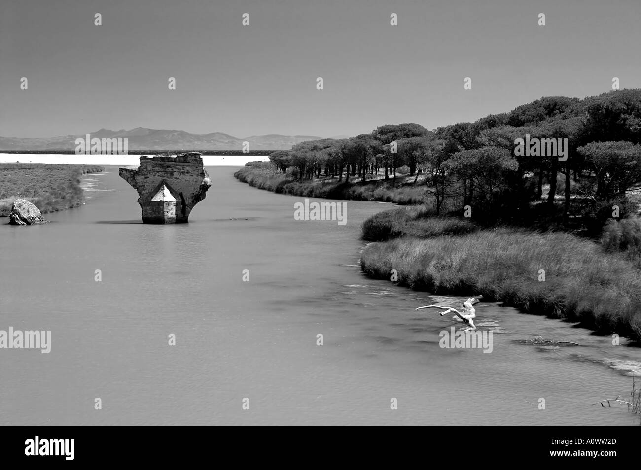 Spanish river with bridge ruin and views to Africa Stock Photo - Alamy