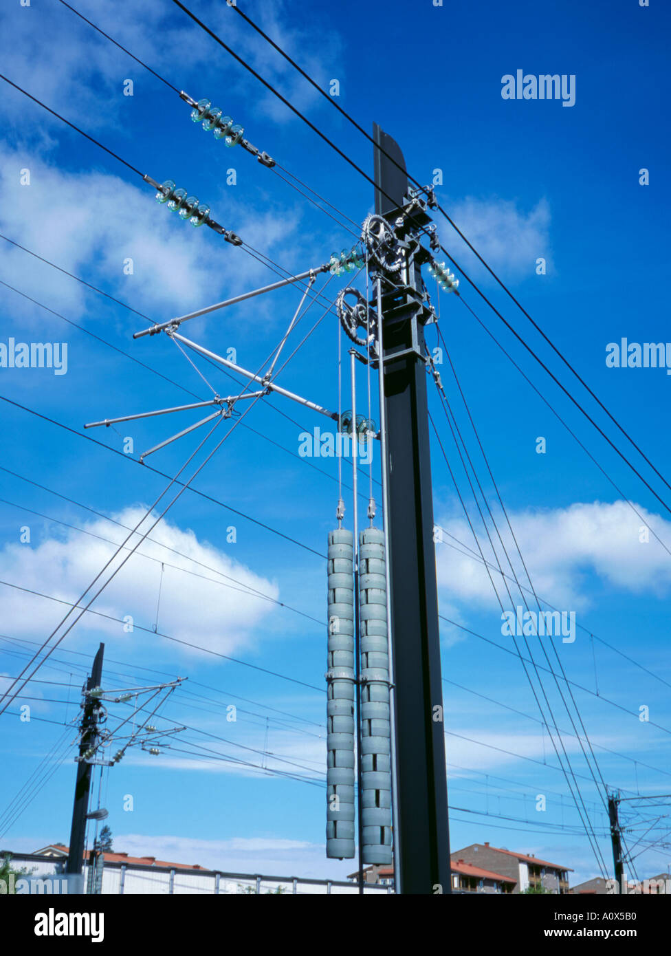 Overhead electric line tensioning equipment on a railway, Oslo ...