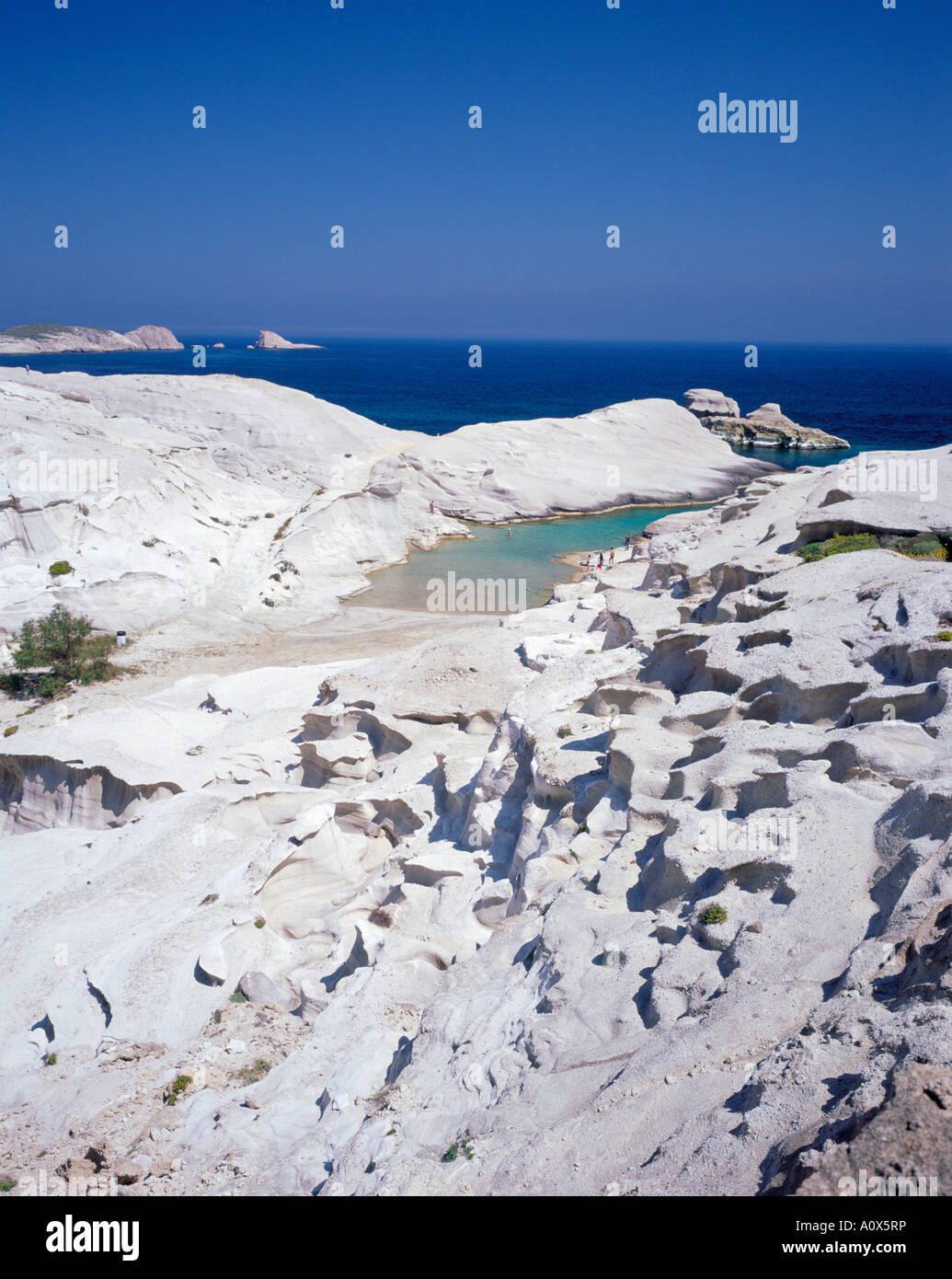 Aerial view of beach and rock formations Sarakiniko Milos Cyclades ...