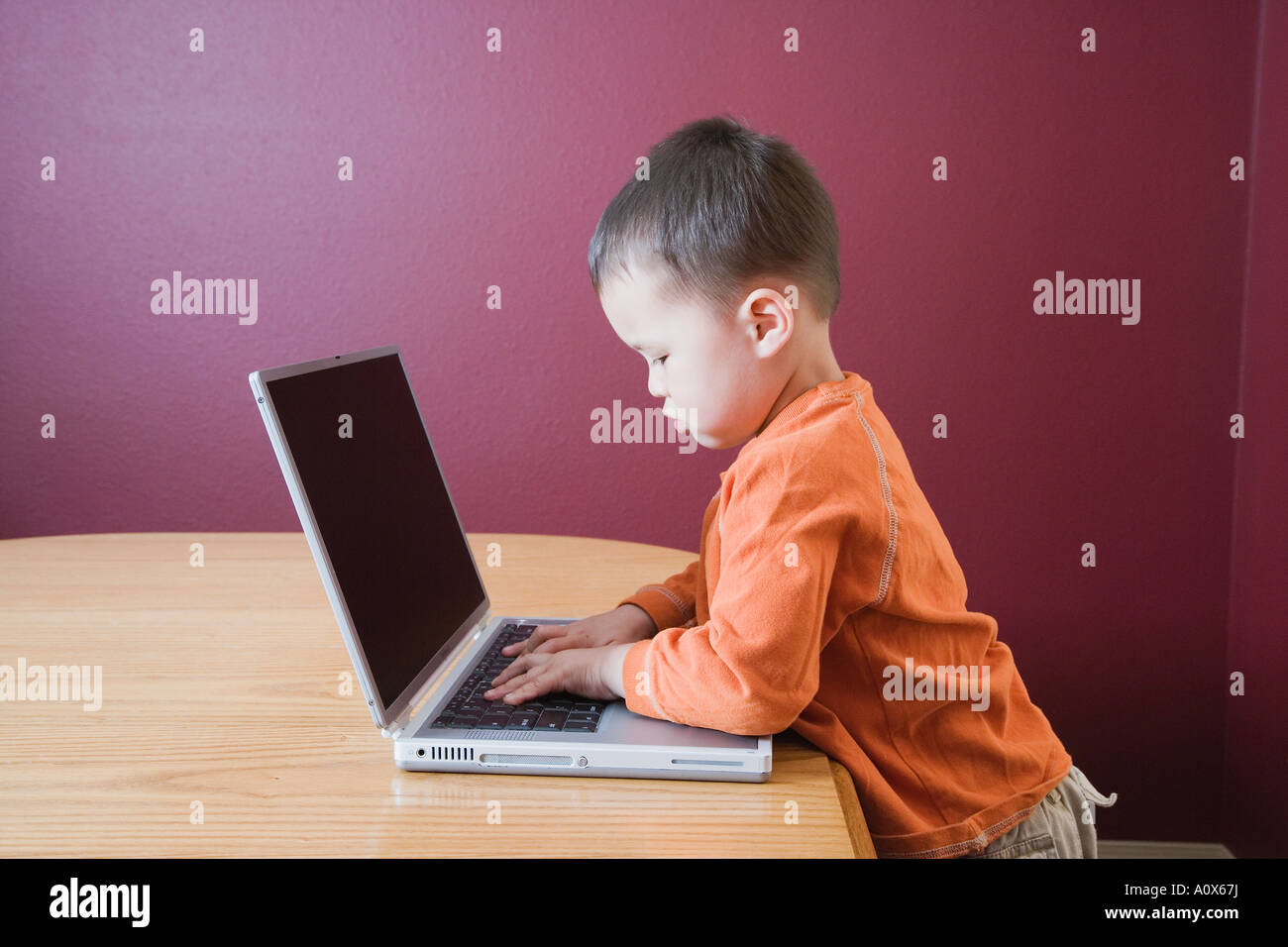 Young boy using laptop at table Stock Photo - Alamy