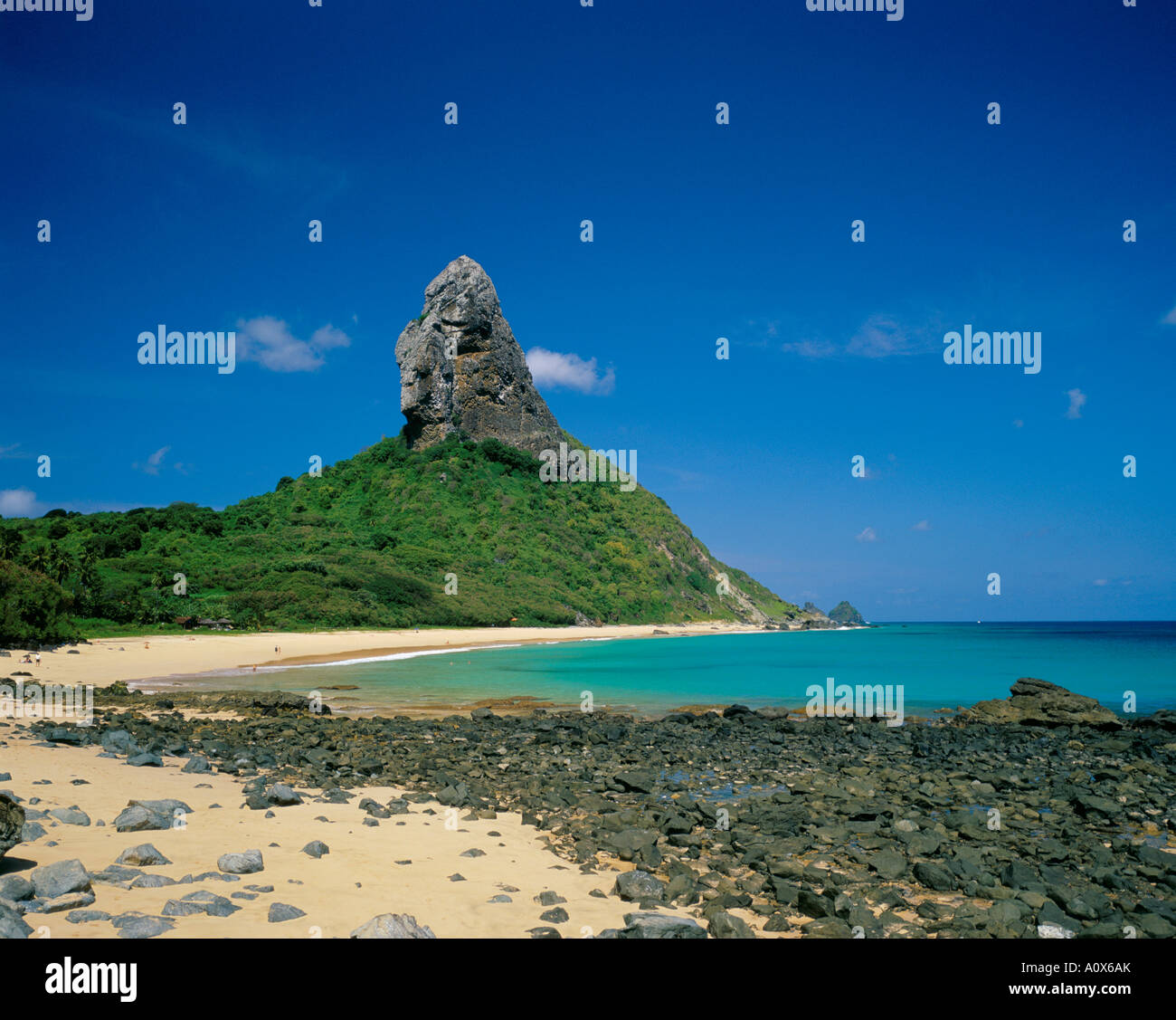 View of Praia do Conceicao beach and Morro do Pico in the background ...