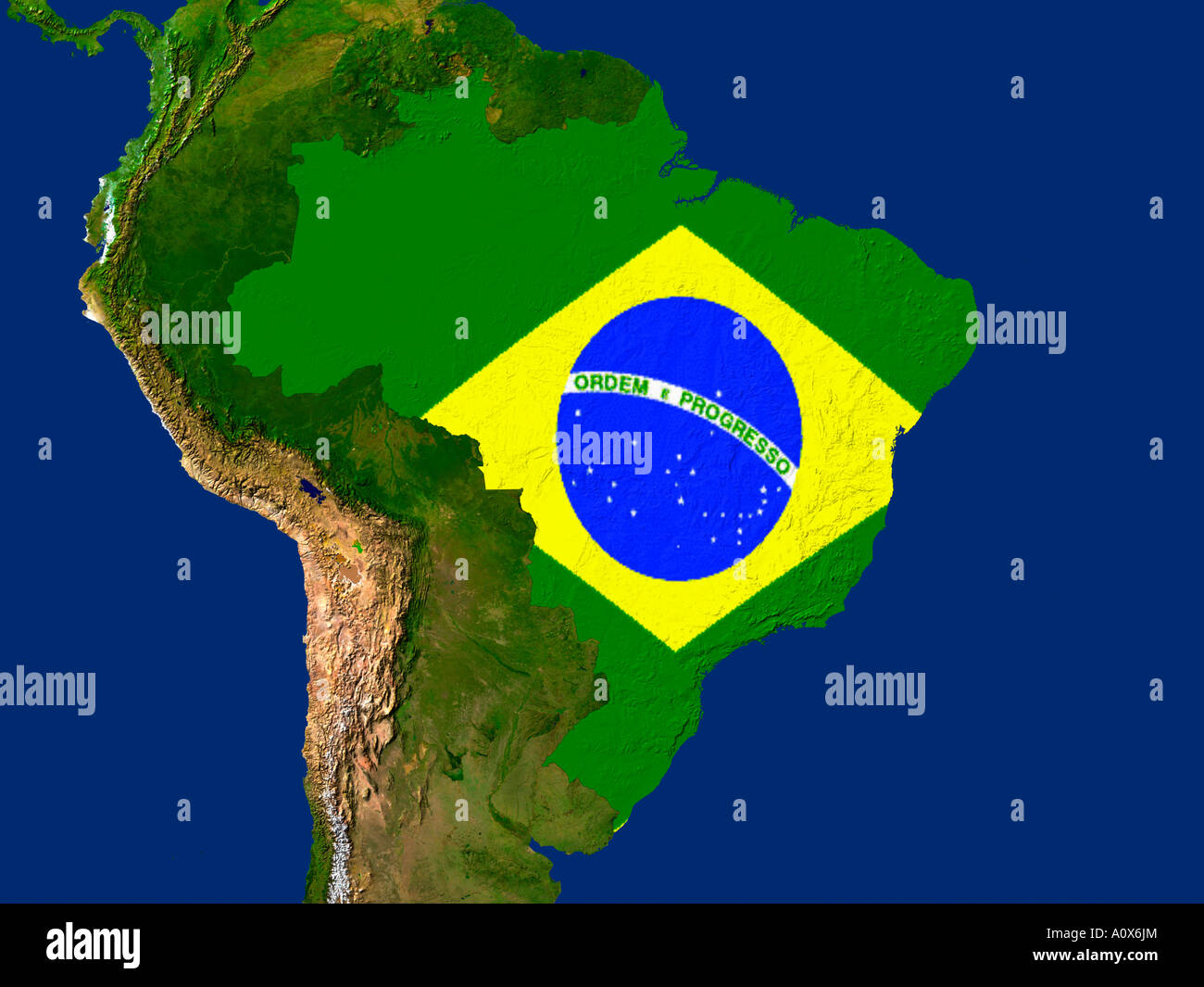Satellite Image of Brazil covered by that Country's Flag Stock Photo ...