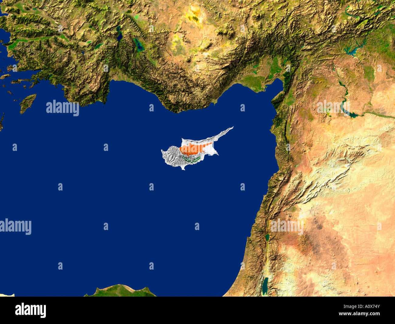 Satellite Image of Cyprus covered by that Country's Flag Stock Photo ...