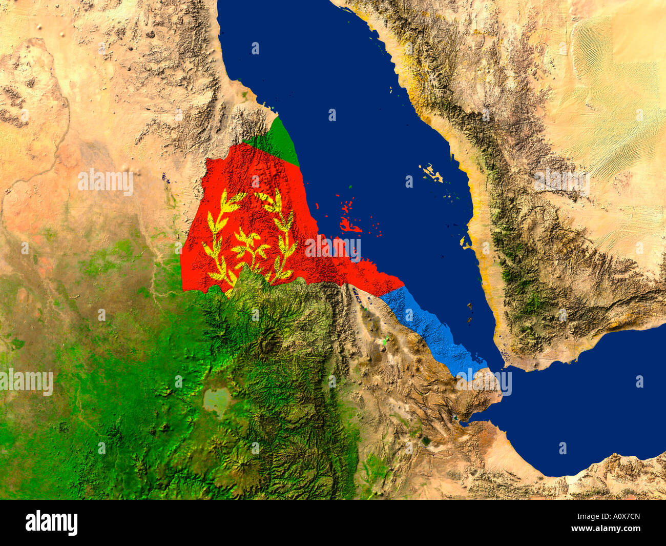 Satellite Image of Eritrea covered by that Country's Flag Stock Photo ...