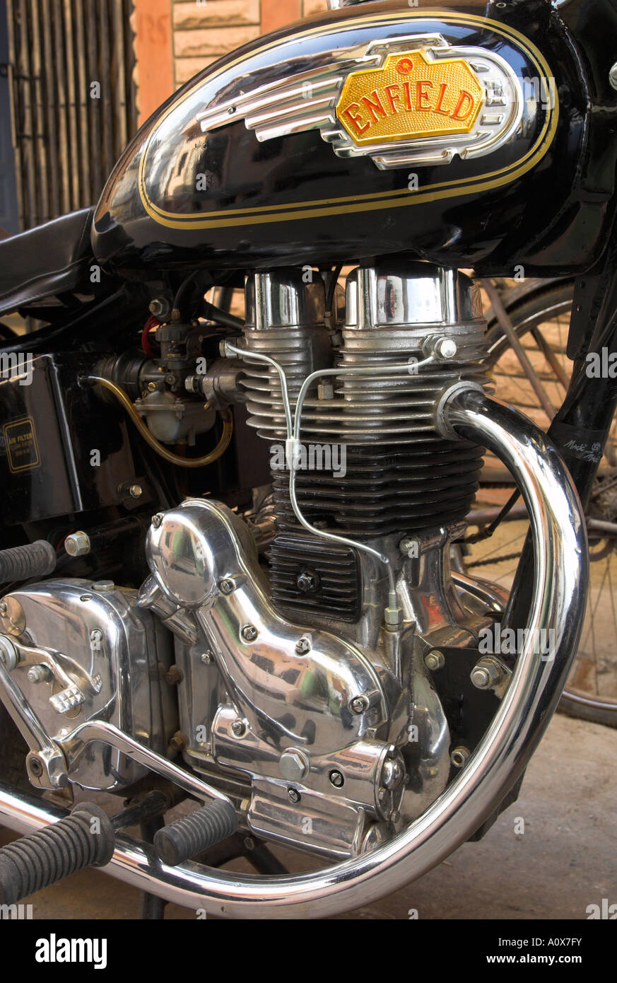 India Udaipur close up of an Enfield motorcycle engine with enfield ...