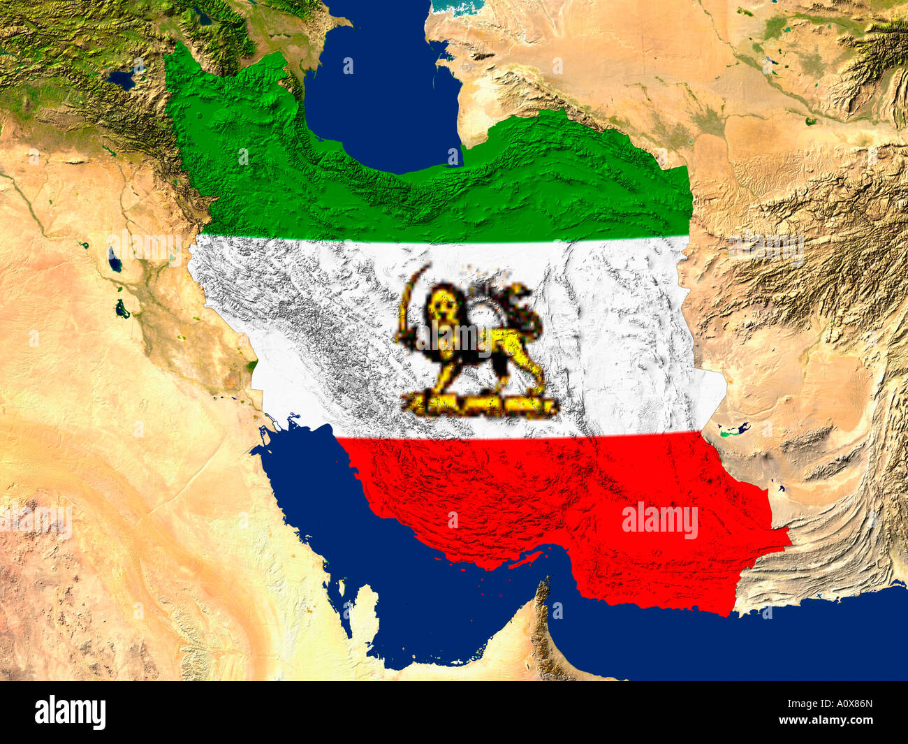 Satellite Image of Iran covered by that Country's Flag Stock Photo - Alamy