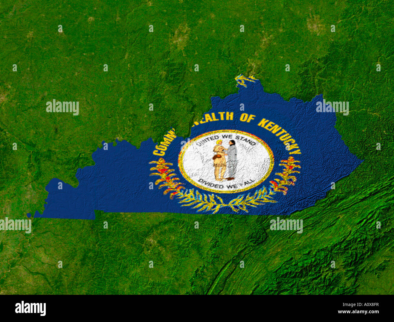 Satellite Image of the State of Kentucky USA covered by the State Flag ...