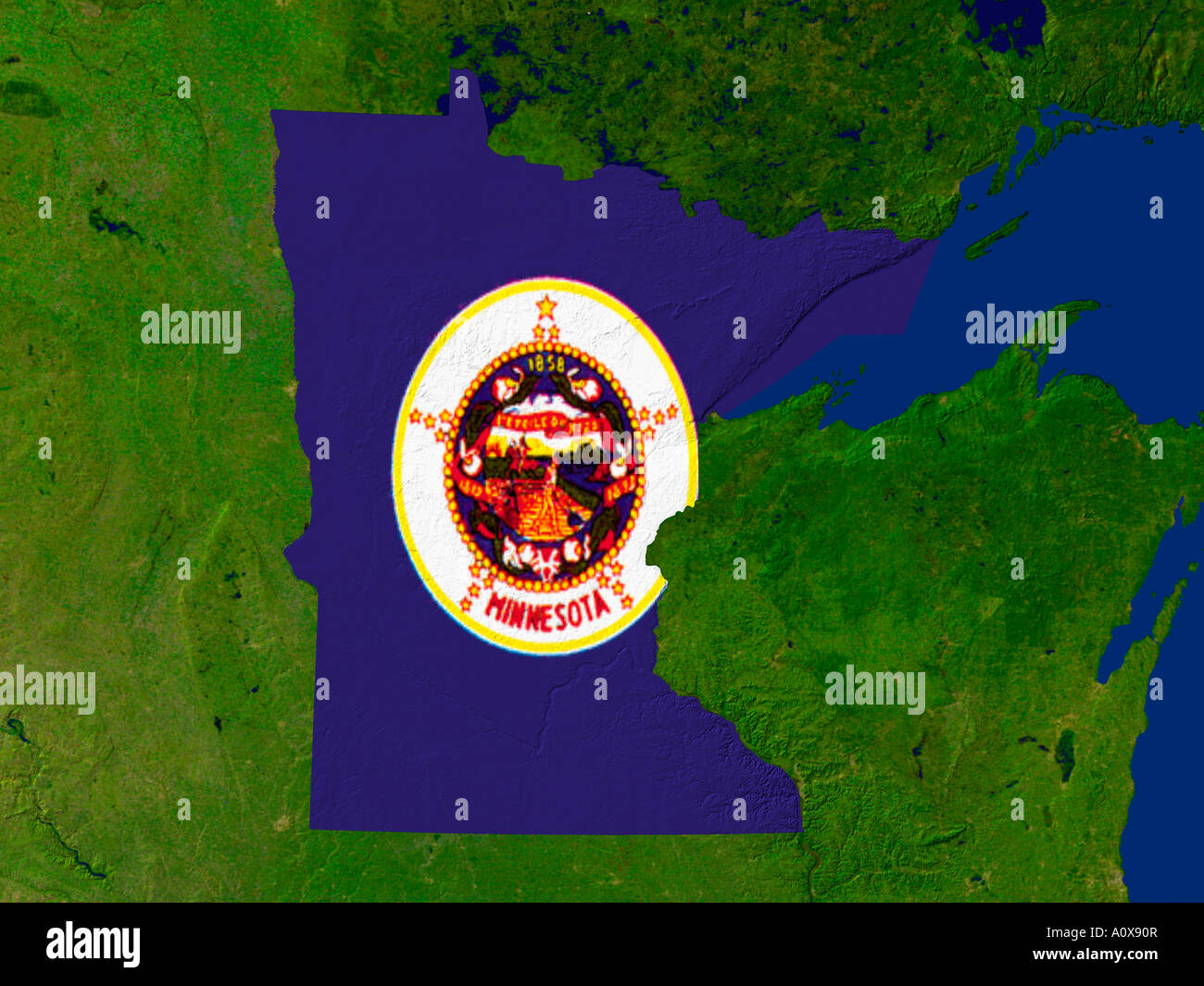 Satellite Image of the State of Minnesota USA covered by the State Flag ...
