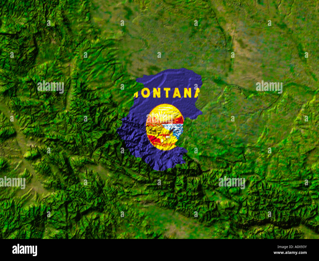 Satellite Image of the State of Montana USA covered by the State Flag ...