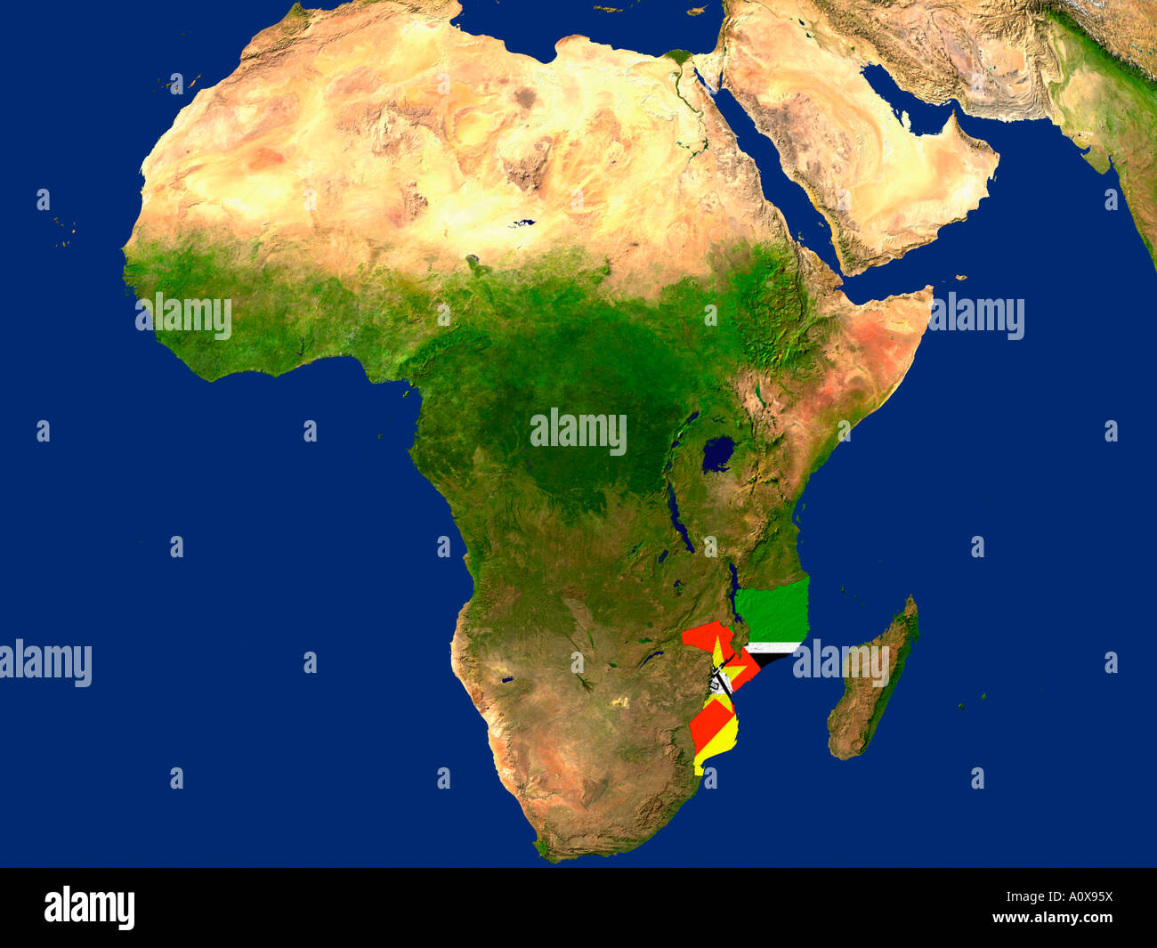 Satellite Image of Mozambique covered by that Country's Flag Stock ...