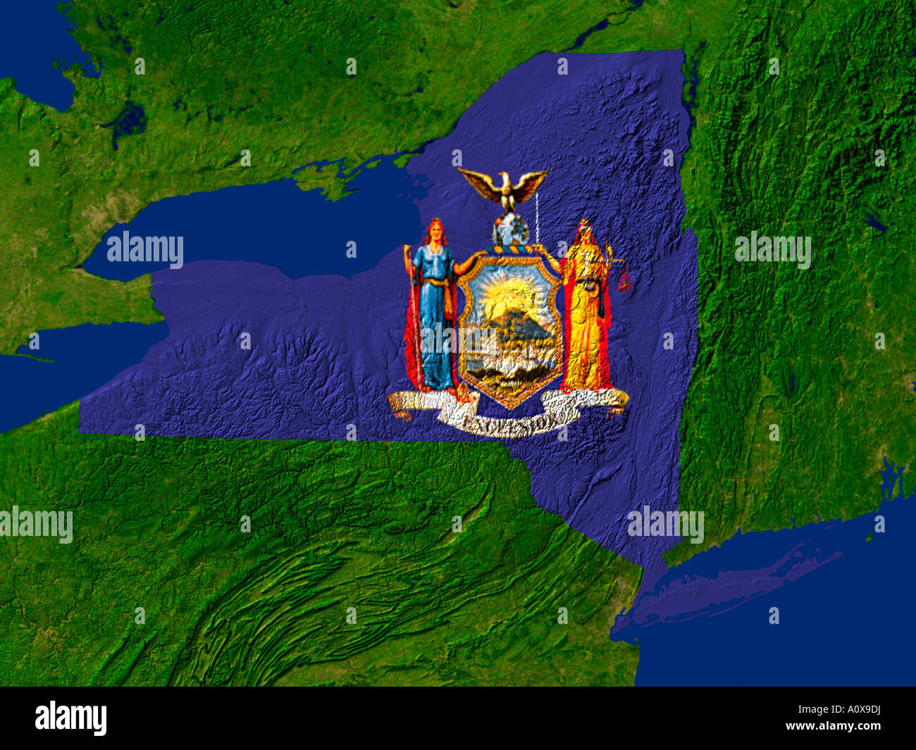 Satellite Image of The State of New York, USA covered by the State Flag ...