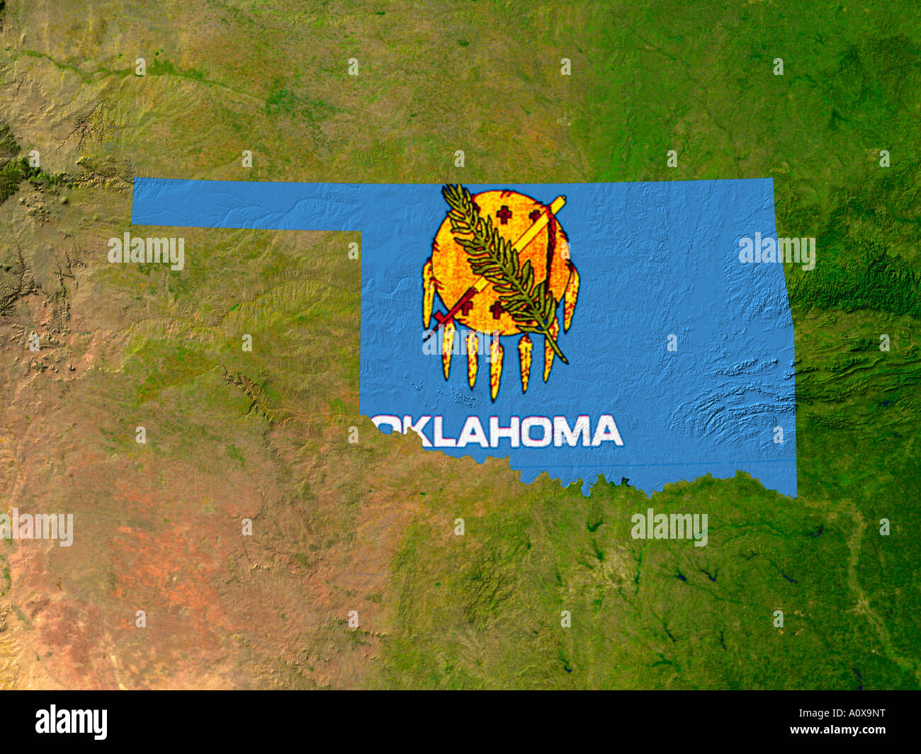 Satellite Image of The State of Oklahoma USA covered by the State Flag ...