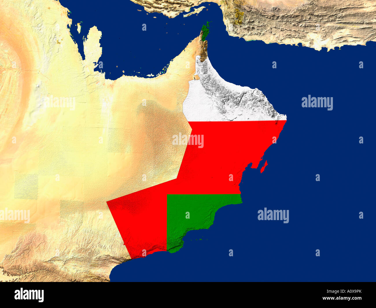 Satellite Image Oman covered by that Country's Flag Stock Photo - Alamy