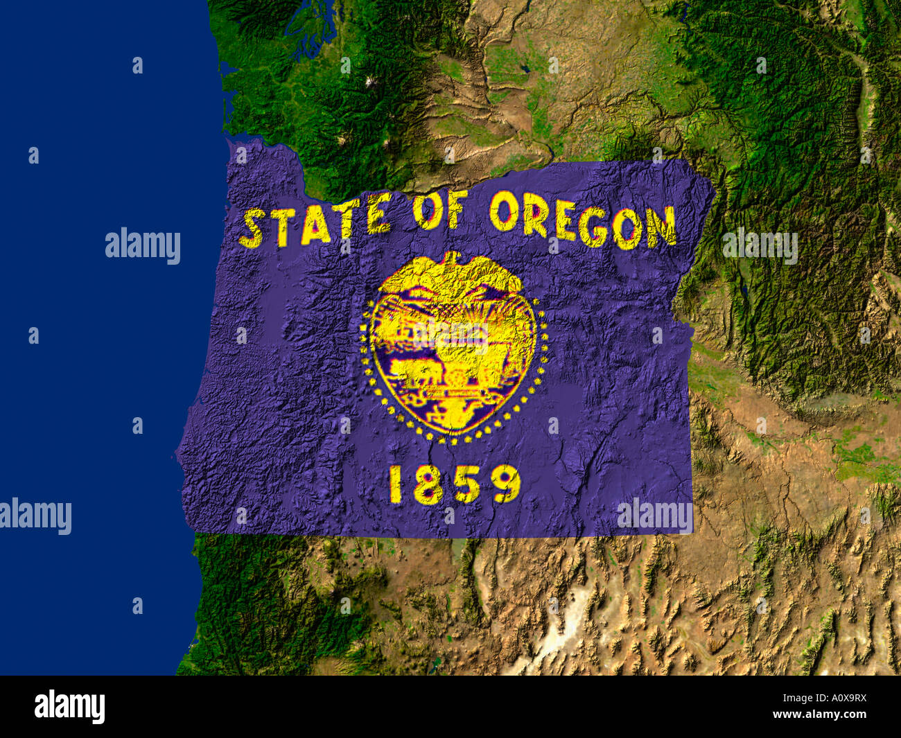 Satellite Image of The State of Oregon covered by the State Flag Stock ...