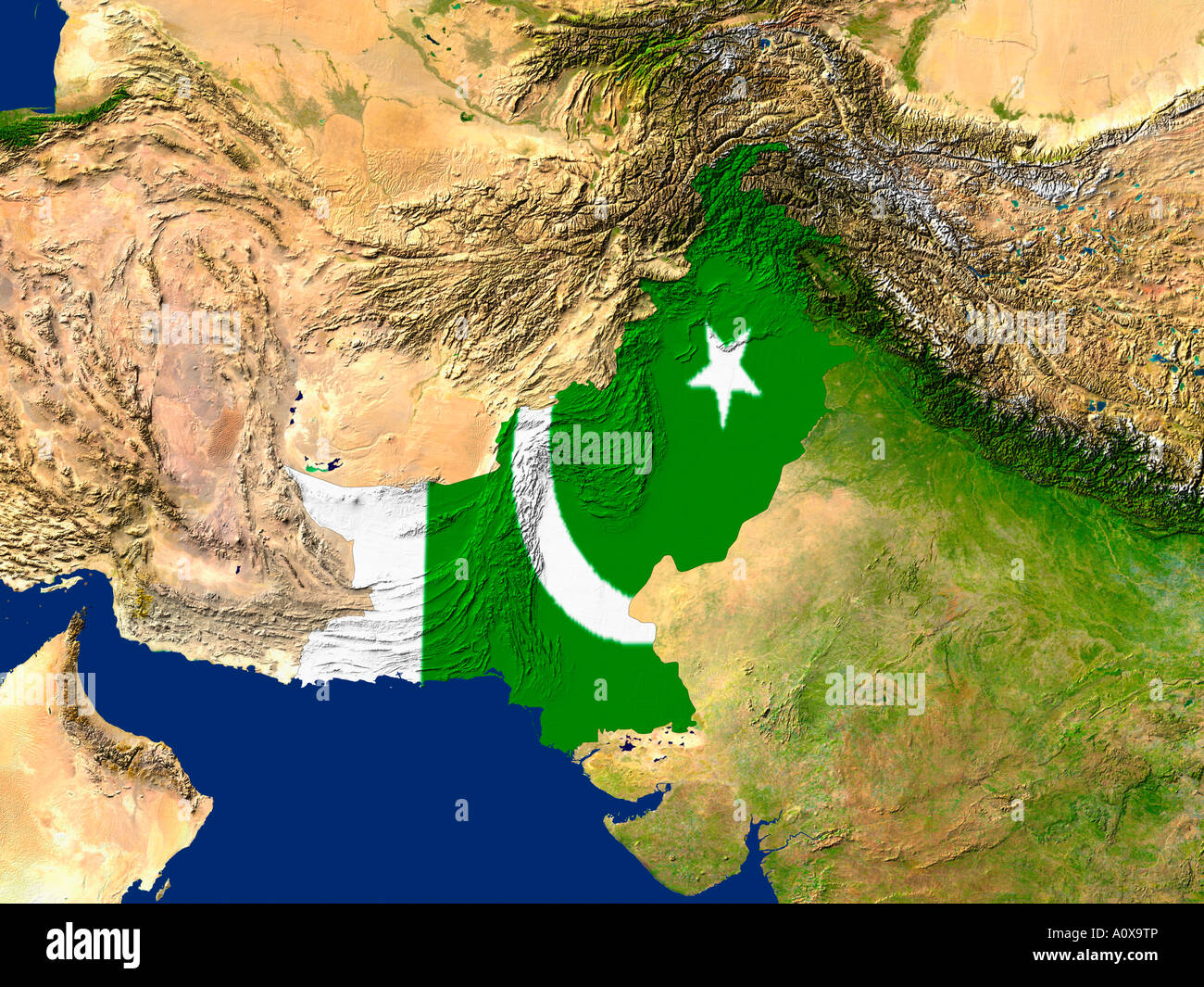 Satellite Image of Pakistan covered by that Country's Flag Stock Photo ...