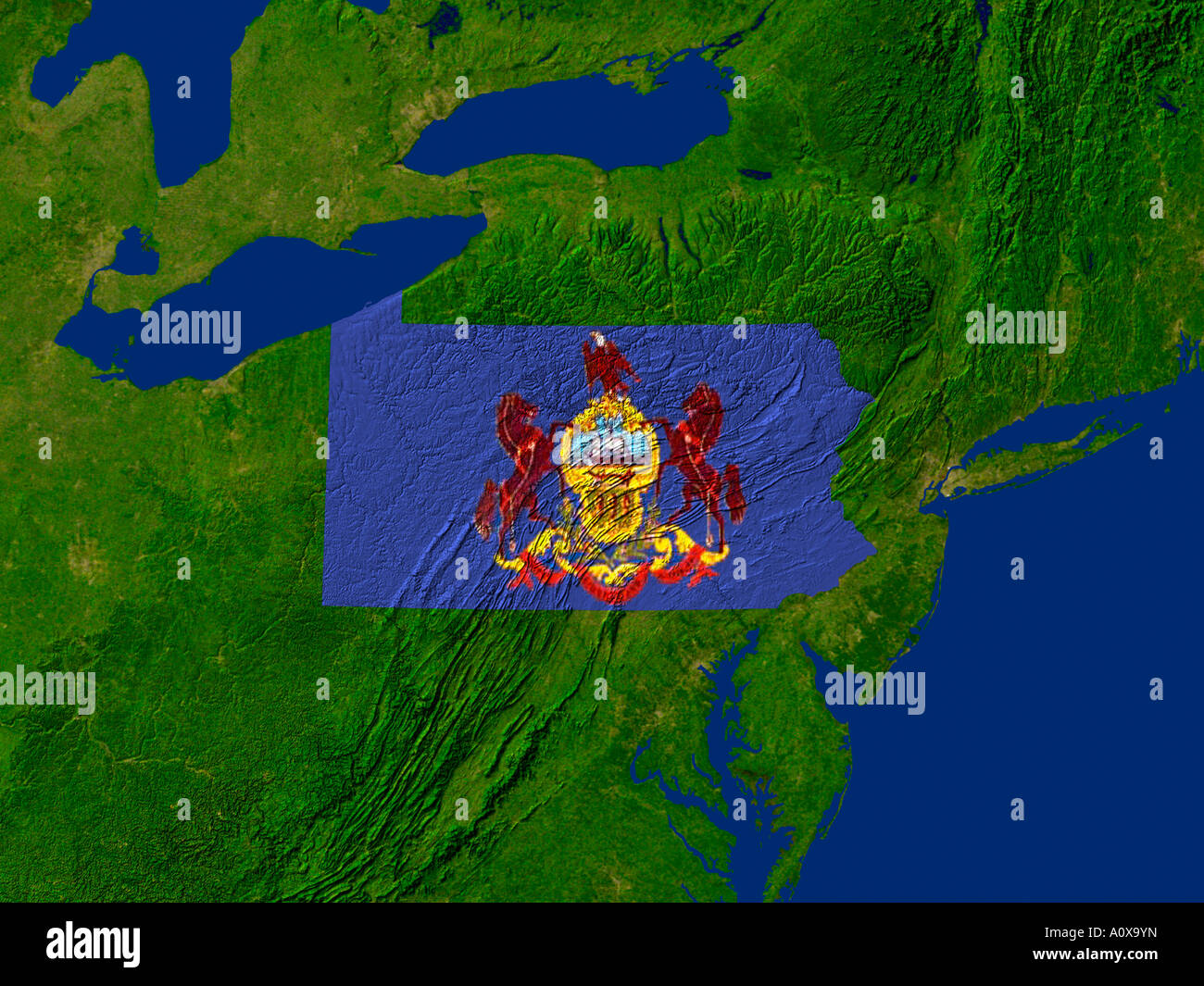 Satellite Image of The State Of Pennsylvania covered by the State Flag ...